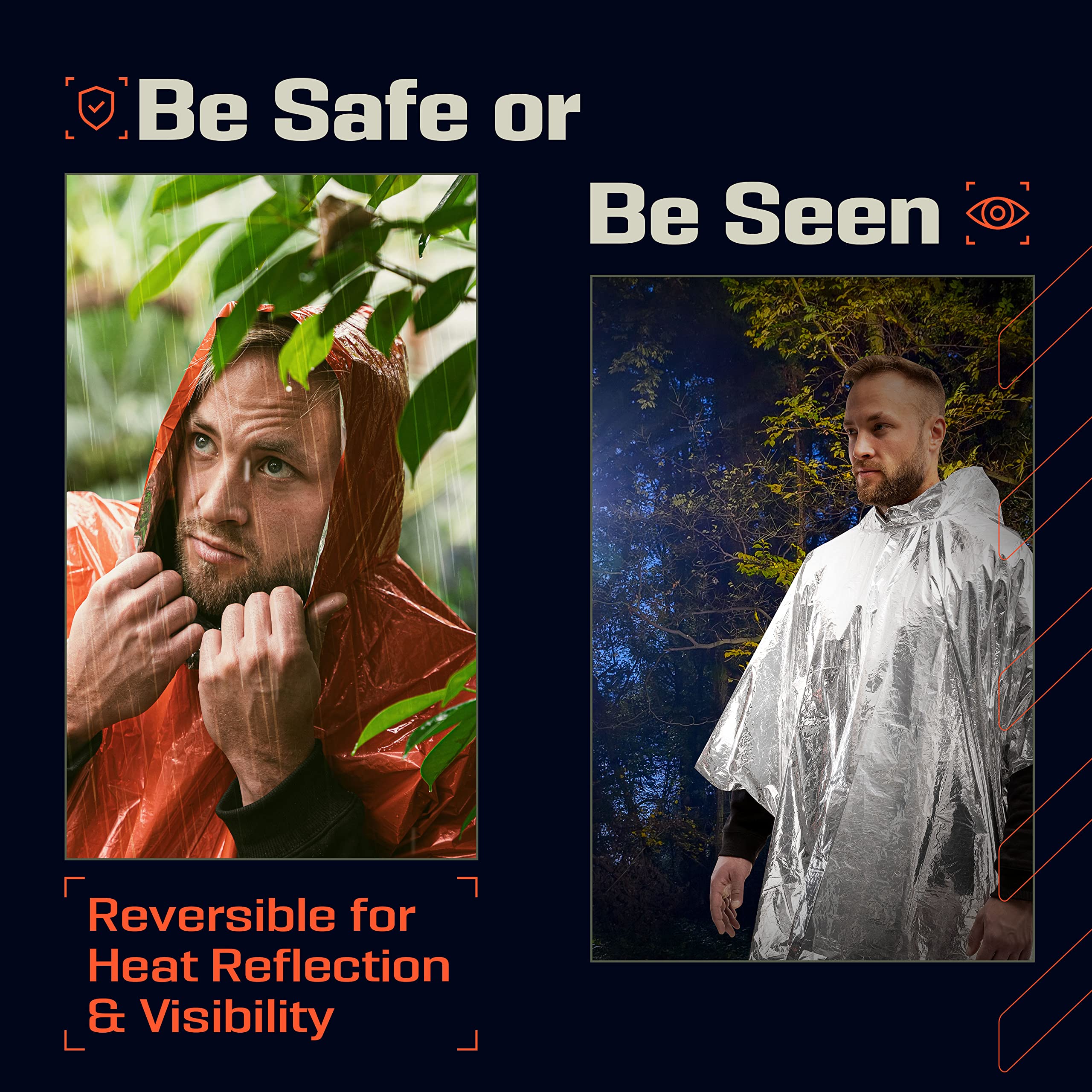PREPARED4X Emergency Rain Poncho with Mylar Survival Blanket Liner for Car - Heavy Duty, Waterproof Camping Gear, Tactical Prepper Suppliesā 4 Pack (Orange)