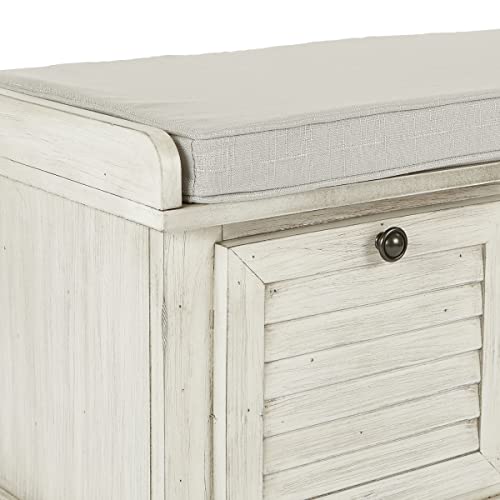 OSP Home Furnishings Dover Coastal Lift-Top Storage Bench with Shutter Face Styling and Cushion, White Wash