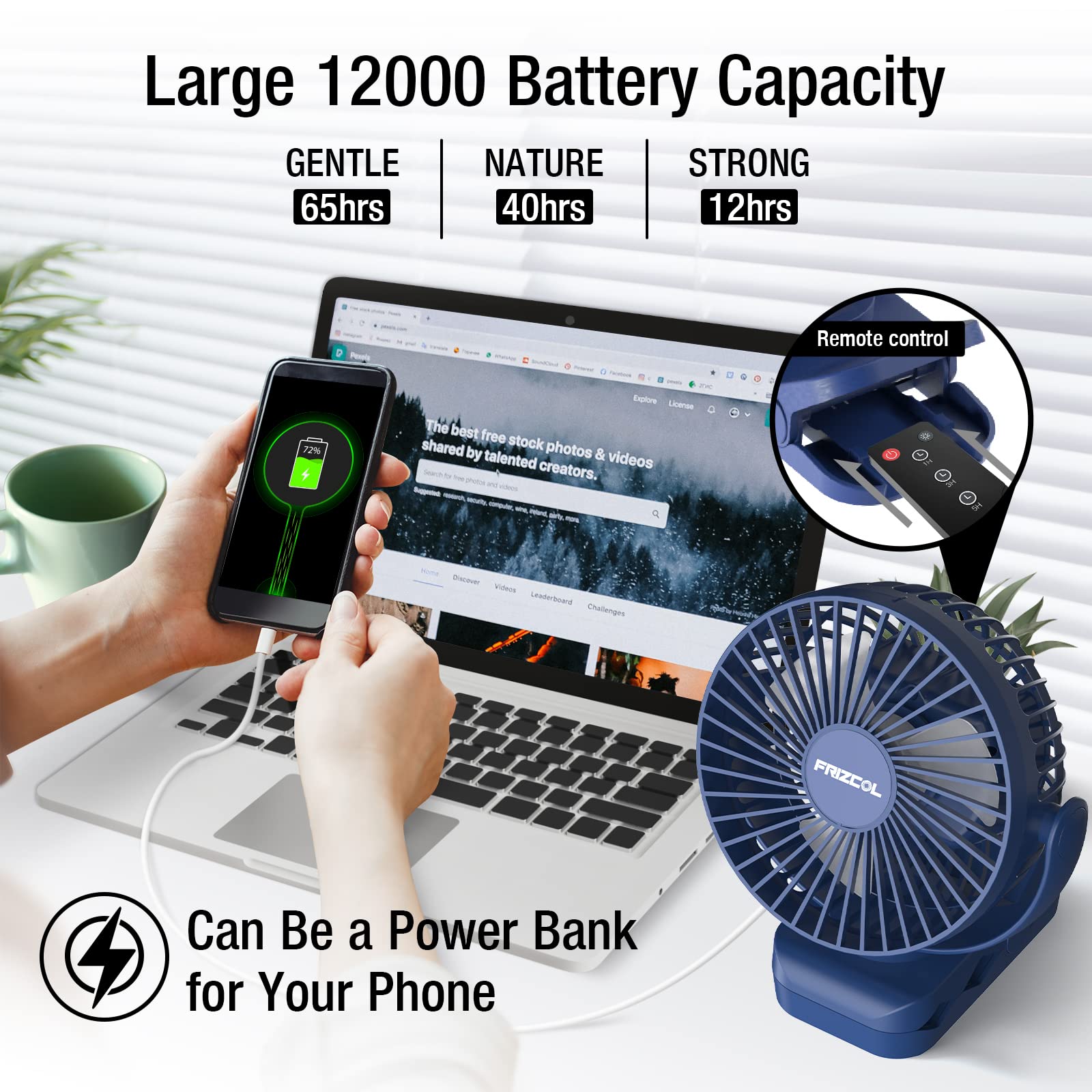 Portable Clip on Fan 65 Working Hours, Camping Fan with LED Lights & Hook, 12000 Capacity Battery Operated Fan with Clamp, USB Rechargeable Fan for Desk, Tent, Treadmill, Stroller, Golf Cart, Home