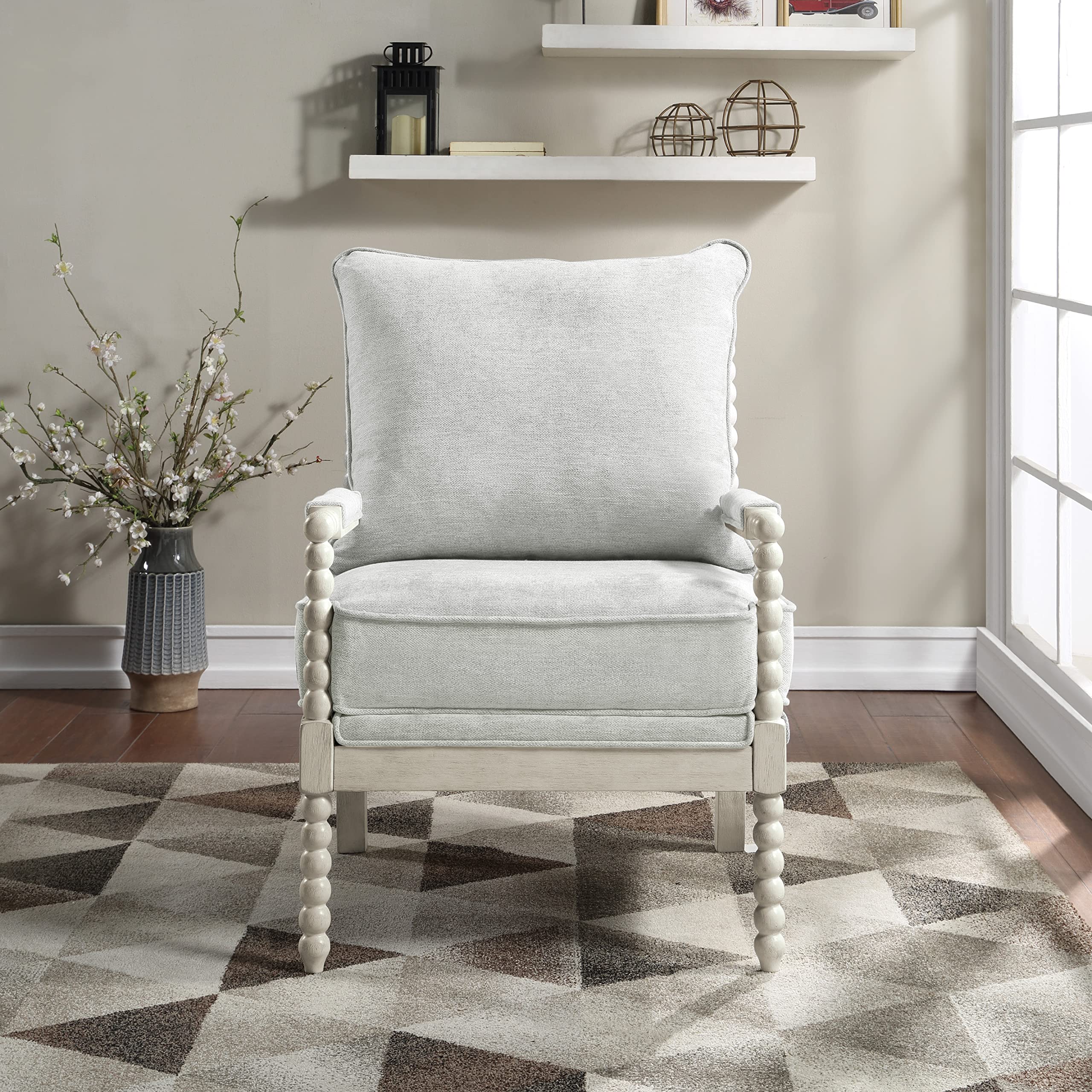 OSP Home Furnishings Kaylee Spindle Accent Chair with Antique White Wood Frame, 26.5β W x 32.25β D x 37β H, Smoke Grey Fabric