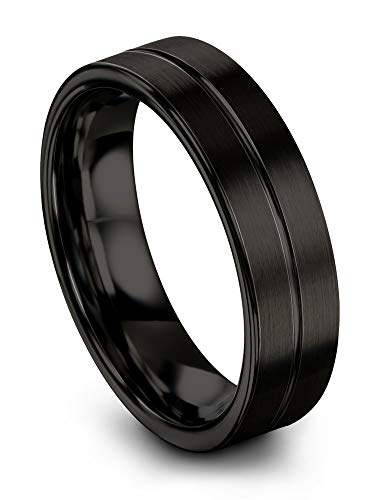 P. Manoukian Tungsten Carbide Wedding Band Ring 6mm for Men Women Black Center Line Black Interior with Flat Cut Brushed Polished Comfort Fit Anniversary Size 13