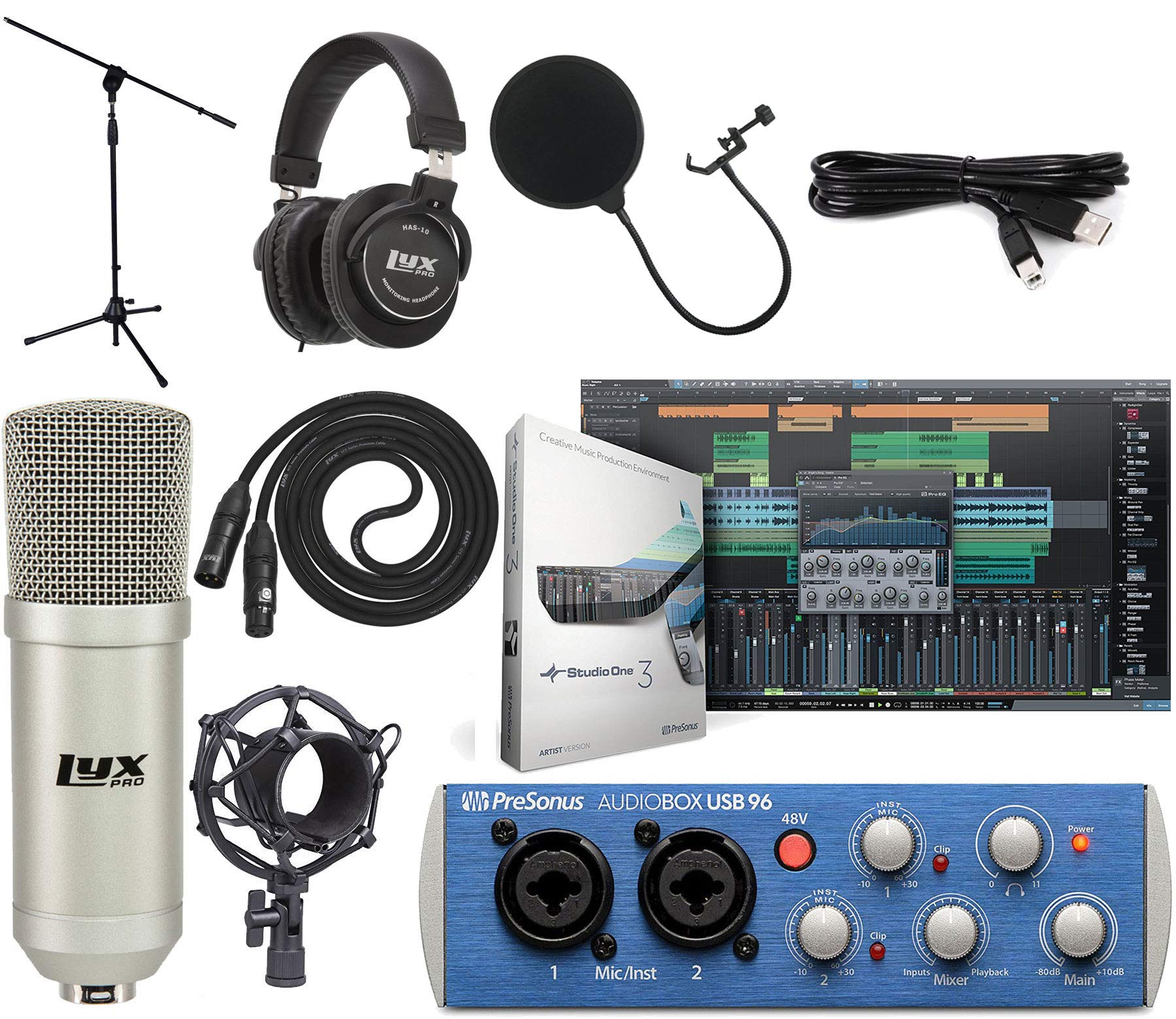 Presonus AudioBox 96 USB 2.0 Audio Interface Studio Bundle with Studio One Artist Software Pack