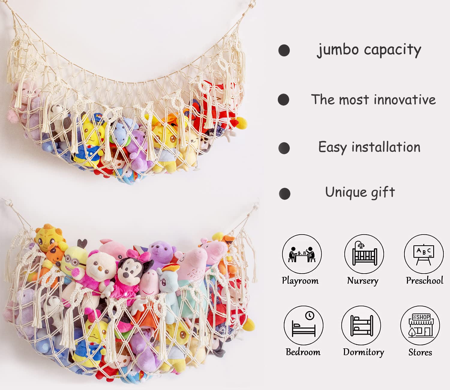 Stuffed Animal Net or Hammock -Wall Mounted-Handmade Macrame Toy Hammock Organizer Stuffed Animal Display Plush Toys Holder Boho Decor for Nursery Playroom Bedroom Kids Room Storage 1