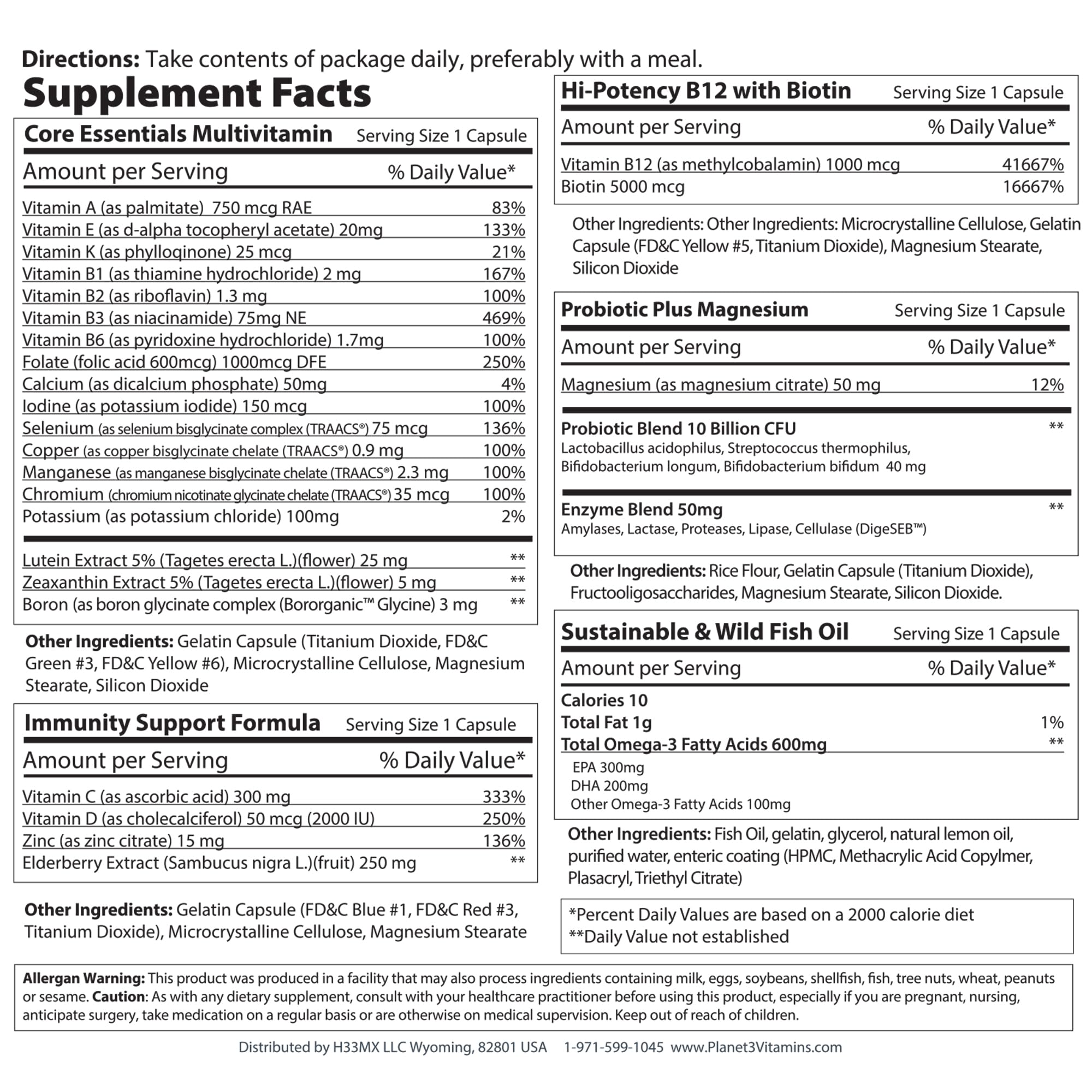 Planet 3 Vitamin Packs, Energy, Immune & Heart Support with Multivitamin, Vitamin D, Probiotics, Biotin, B12, Omega 3, Lutein - Daily Vitamins for Both Men & Women, Core Supplements, 30 Daily Packs