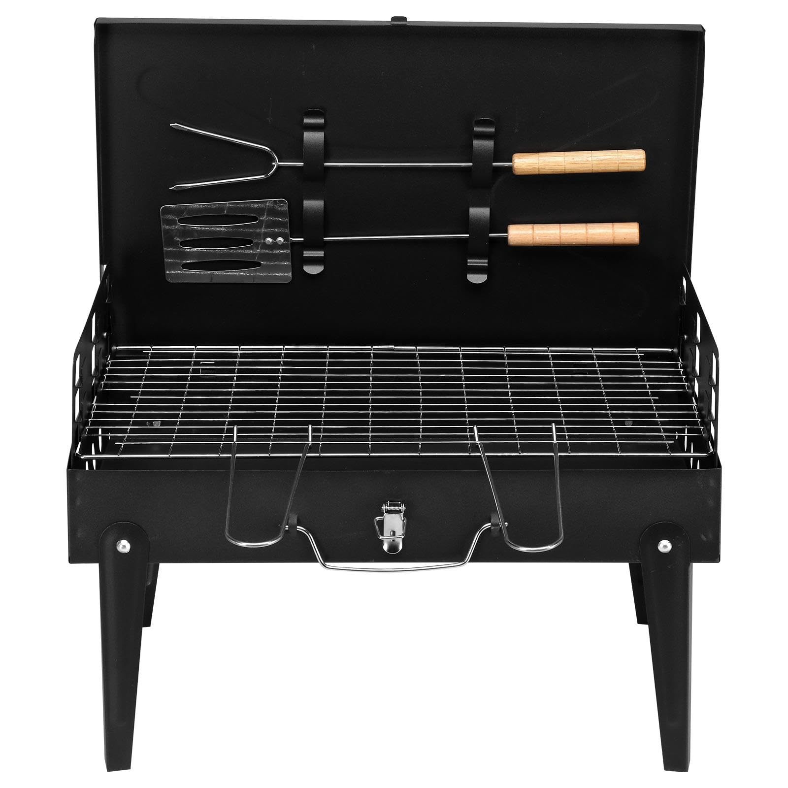 Portable Foldable Charcoal Grill,Small BBQ Grill Suitcase Square Covered Smoker Grill With Folding Legs & Lid,Lightweight Metal Outdoor Cooking Grill for Camping,Tailgating,Picnics,Black