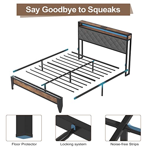 Osfvolr Full Size Bed Frame with Charging Station and LED Light, Platform Bed Frame with 2 Tier Storage Upholstered Linen Headboard, Heavy Duty Metal Structure, 12 inch Under Bed Storage, Noise Free