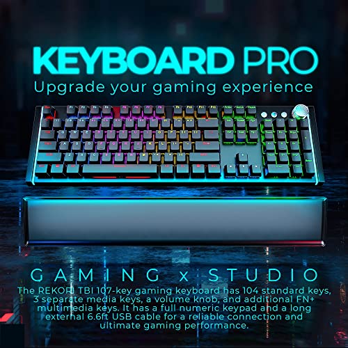 Real Mechanical Gaming Keyboard with 107 Clicky Optical switches- Programmable RGB LED Backlit, Laser Engraved Keys - Ergonomic Magnetic Leather Wrist Rest, Dedicated Media Keys for PC
