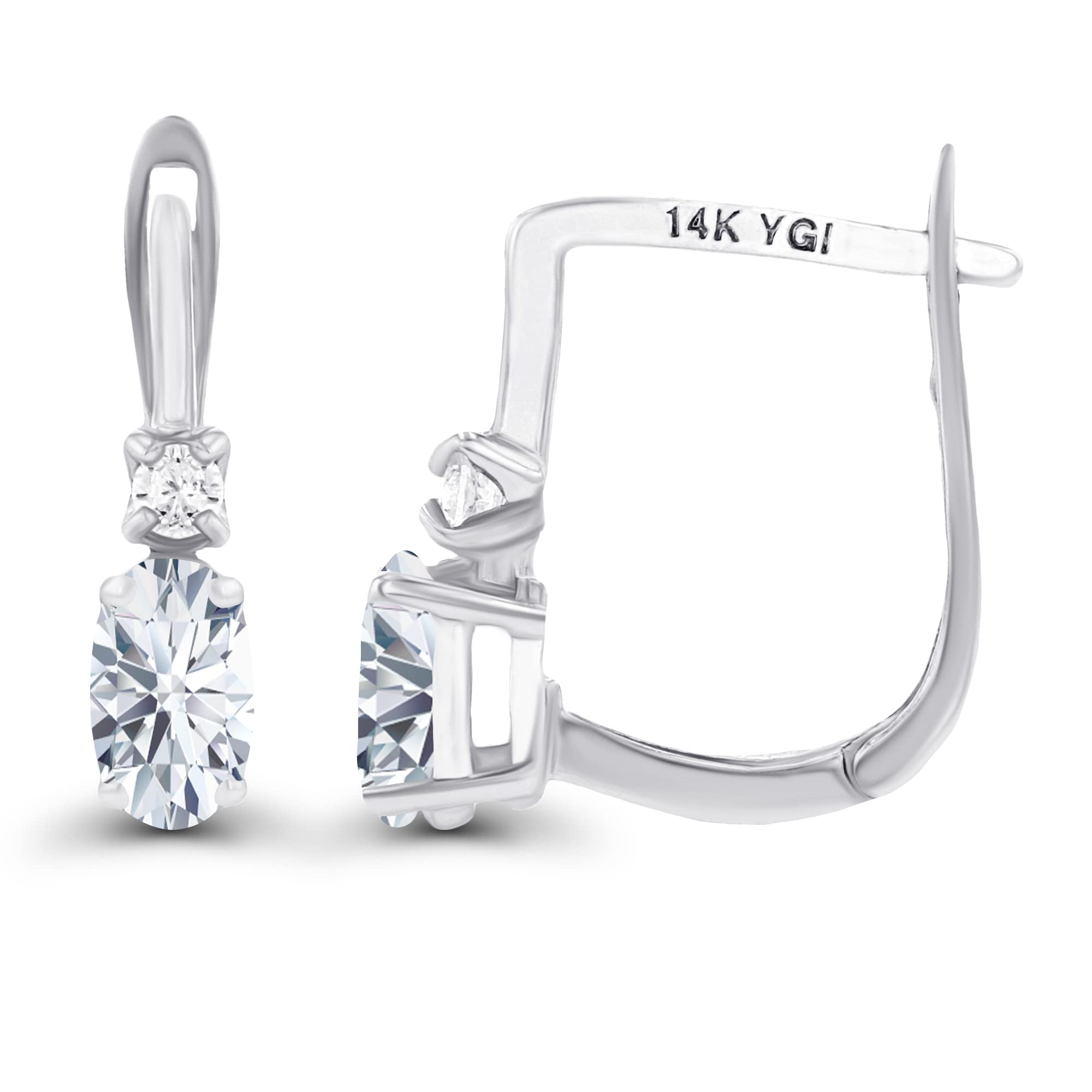 Solid 14K Rose Gold 5x3mm Oval Created White Sapphire Birthstone Huggie Earrings For Women & 2mm Created White Sapphire Huggie Hoop Earrings For Women