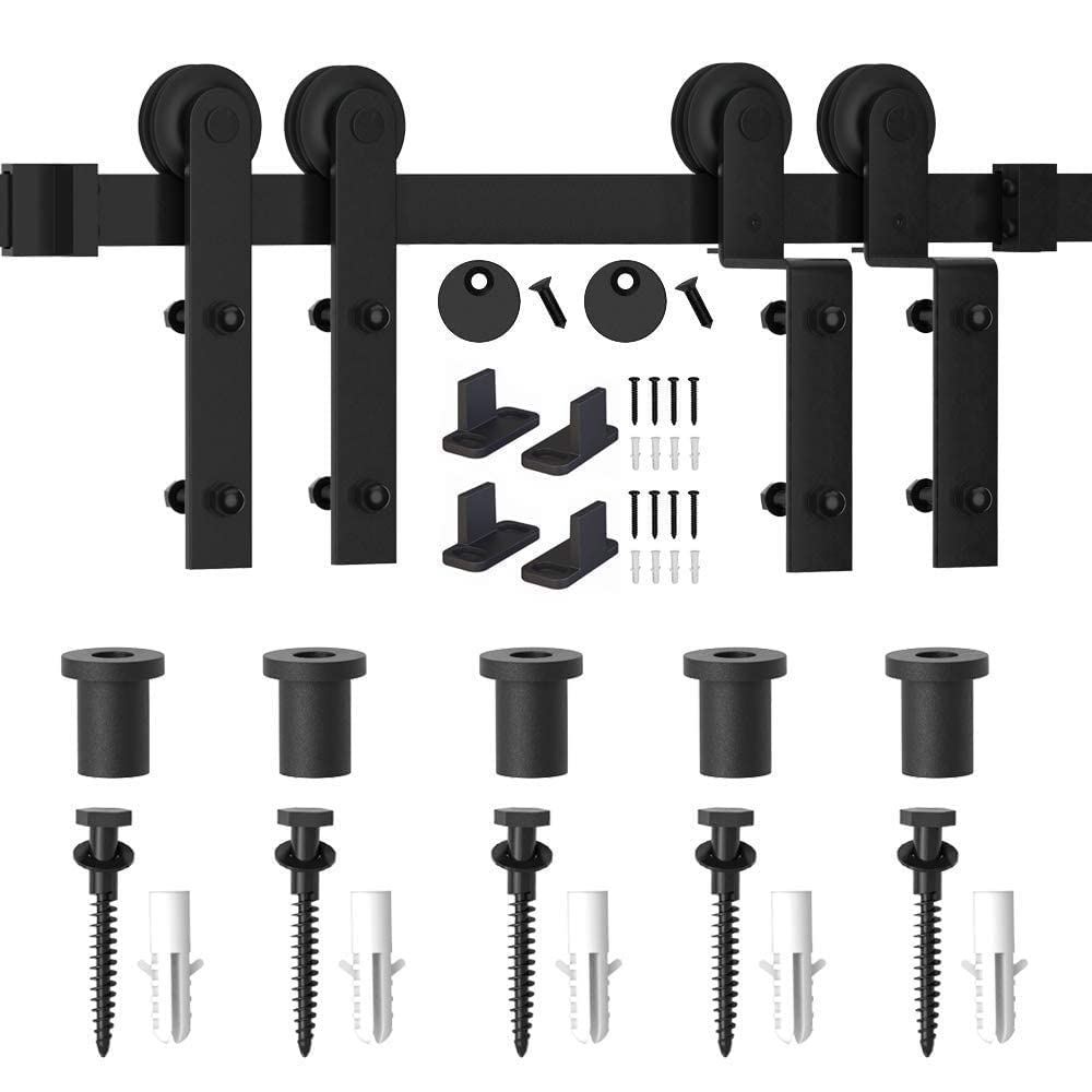 WINSOON 6.6FT Single Track Bypass Sliding Barn Door Hardware Kit for Double Doors with 2PCS 12 Inch Sliding Barn Door Handles Black Hardware