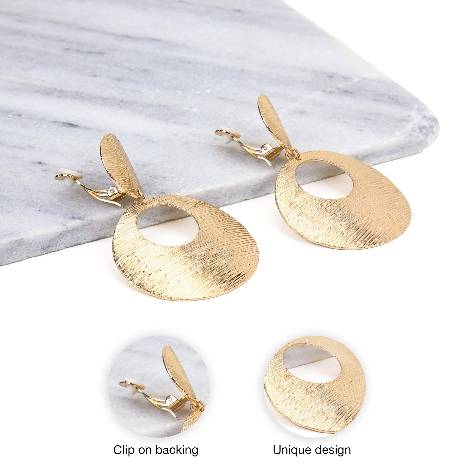 SP Sophia Collection Women's Classy Statement 2 Tiered Gold Etched Disc Hoop Dangle Clip On Earrings in Gold