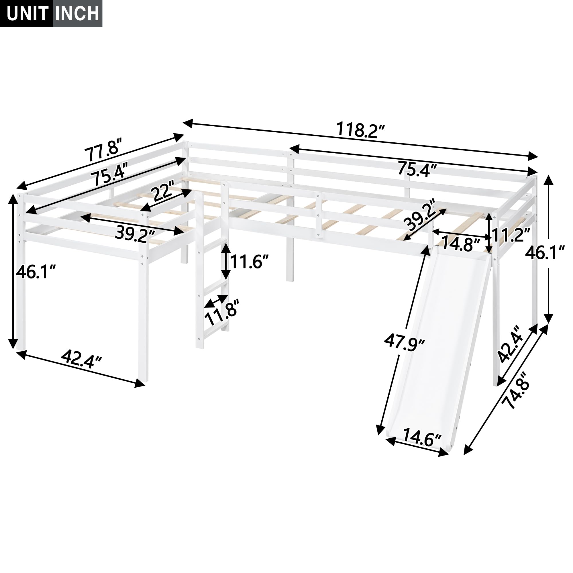 RUNWON Twin Size L-Shaped Loft Bed with Ladder and Slide for 2 Kids Teens Bedroom,No Box Spring Needed