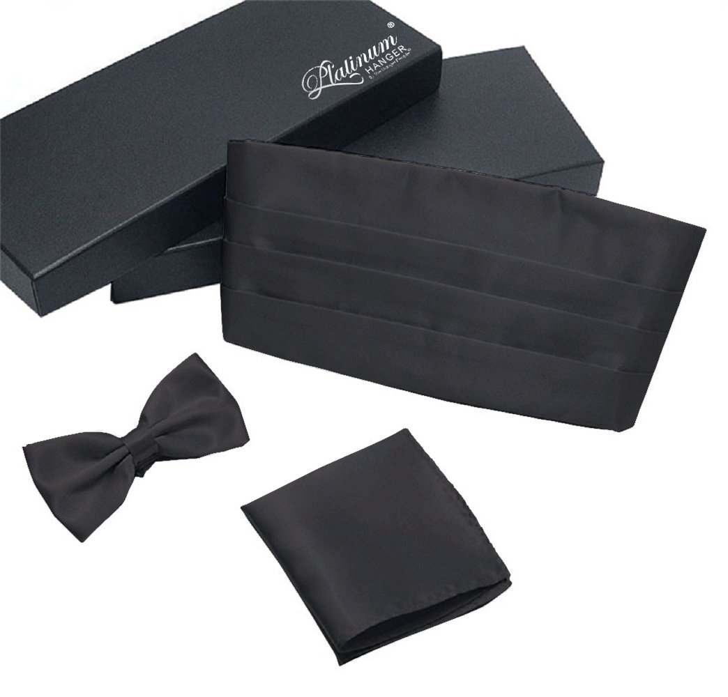 Platinum Hanger Mens Satin Cummerbund Bowtie Hanky set, 4 Pleat, Large Variety of Solid Colors Available (Black)