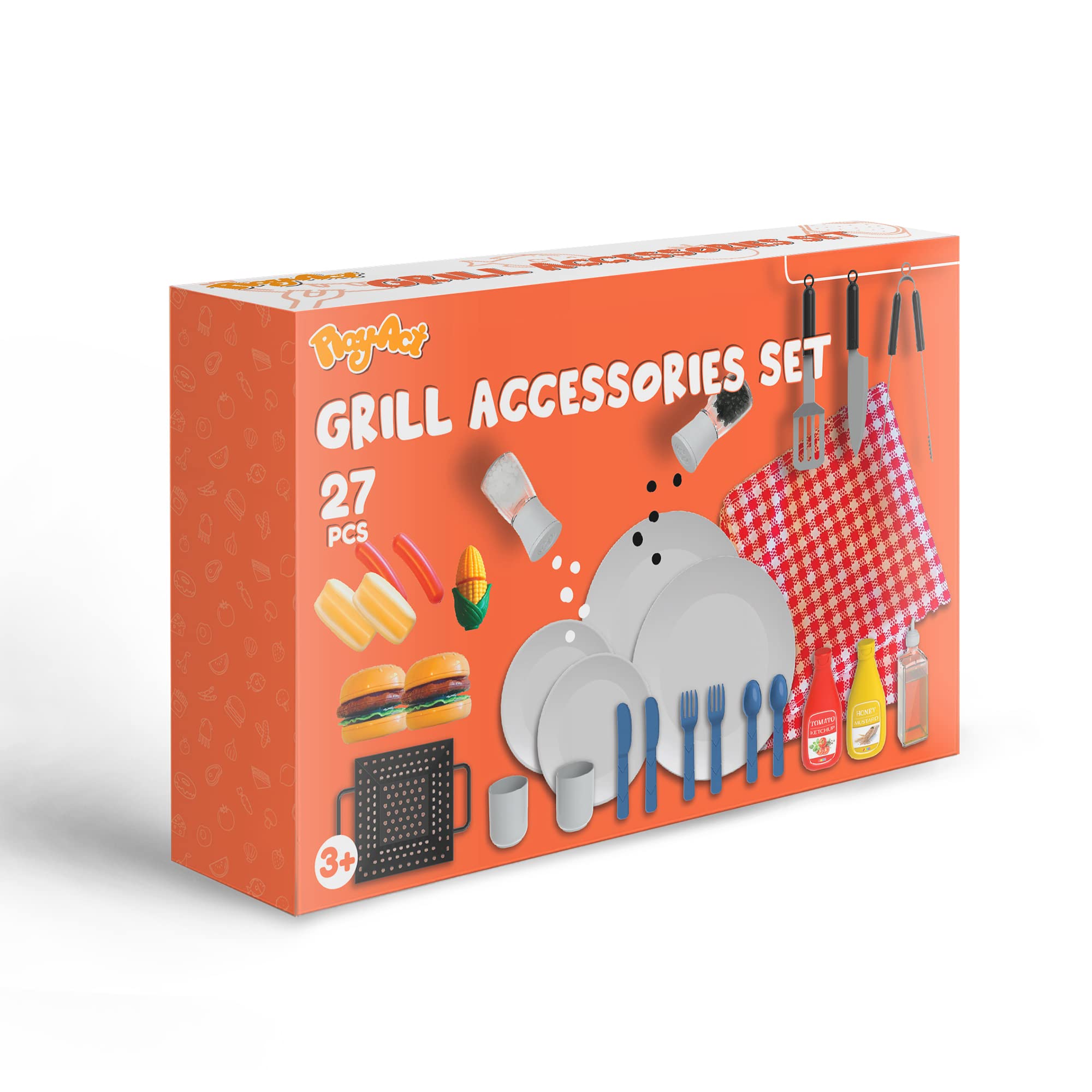 Play-Act 27 PCS Kids BBQ Grill Playset Backyard Barbecue Play Grill Toy Set for Toddlers,Play Food Sets for Kids Kitchen