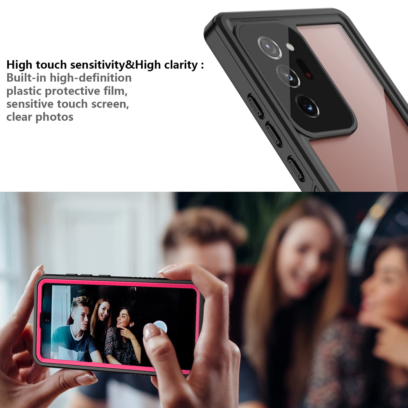 Pakuya for Samsung Galaxy Note 20 Ultra Case Waterproof, Built in Screen Protector, Full-Body Protection Heavy Duty Shock-Proof Cover Waterproof Case for Galaxy Note 20 Ultra 6.9'' 5G(Rose Red/Clear)