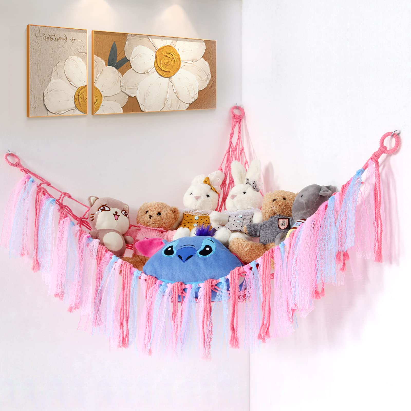 Stuffed Animal Net or Hammock, Hanging Macrame Boho Plush Toys Net Hammock with Colorful Tassel, Corner Stuffed Animal Storage Holder for Nurery, Play Room, Kids Room (Pink)