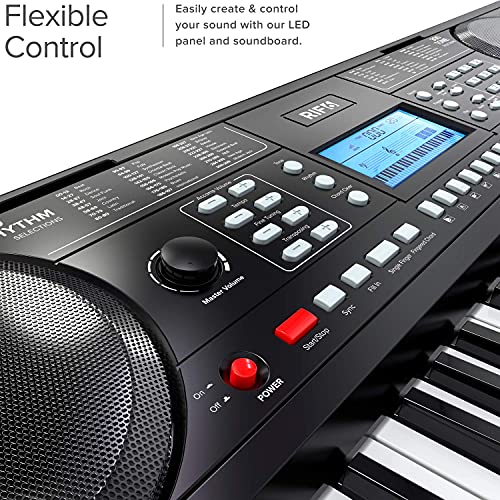 RIF6 Electric 61 Key Piano Keyboard - with Over Ear Headphones, Music Stand, Digital LCD Display, Teaching Modes and Adjustable Stool - Electronic Musical Instruments Starter Set for Kids and Adults