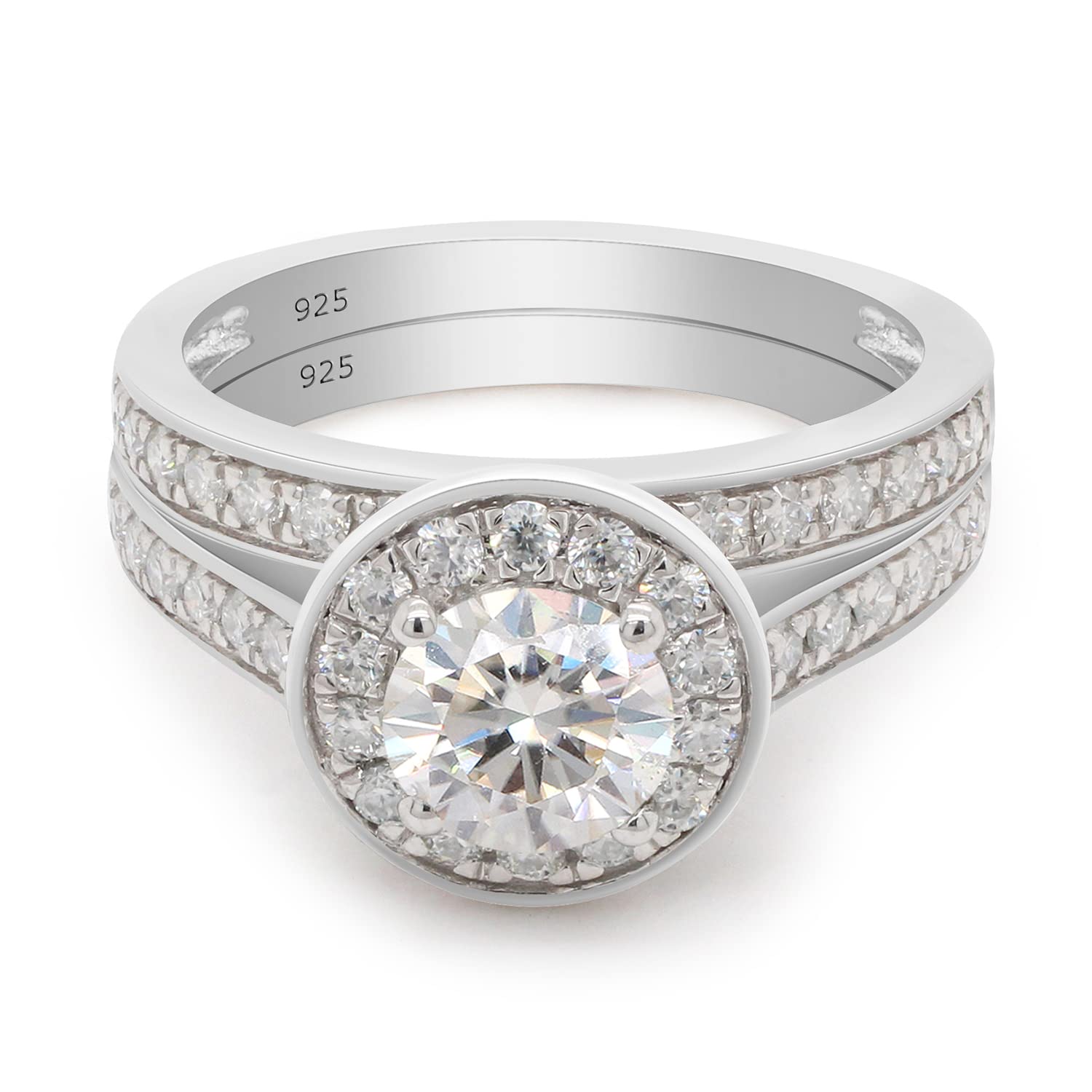 SAVEARTH DIAMONDS 14K White Gold Over Sterling Silver 1 3/4 Carat 6.5MM G-H Color Moissanite Lab Created Diamond Halo Engagement Wedding Ring Set 2 Pieces (1.75 Cttw) Ring Size-8