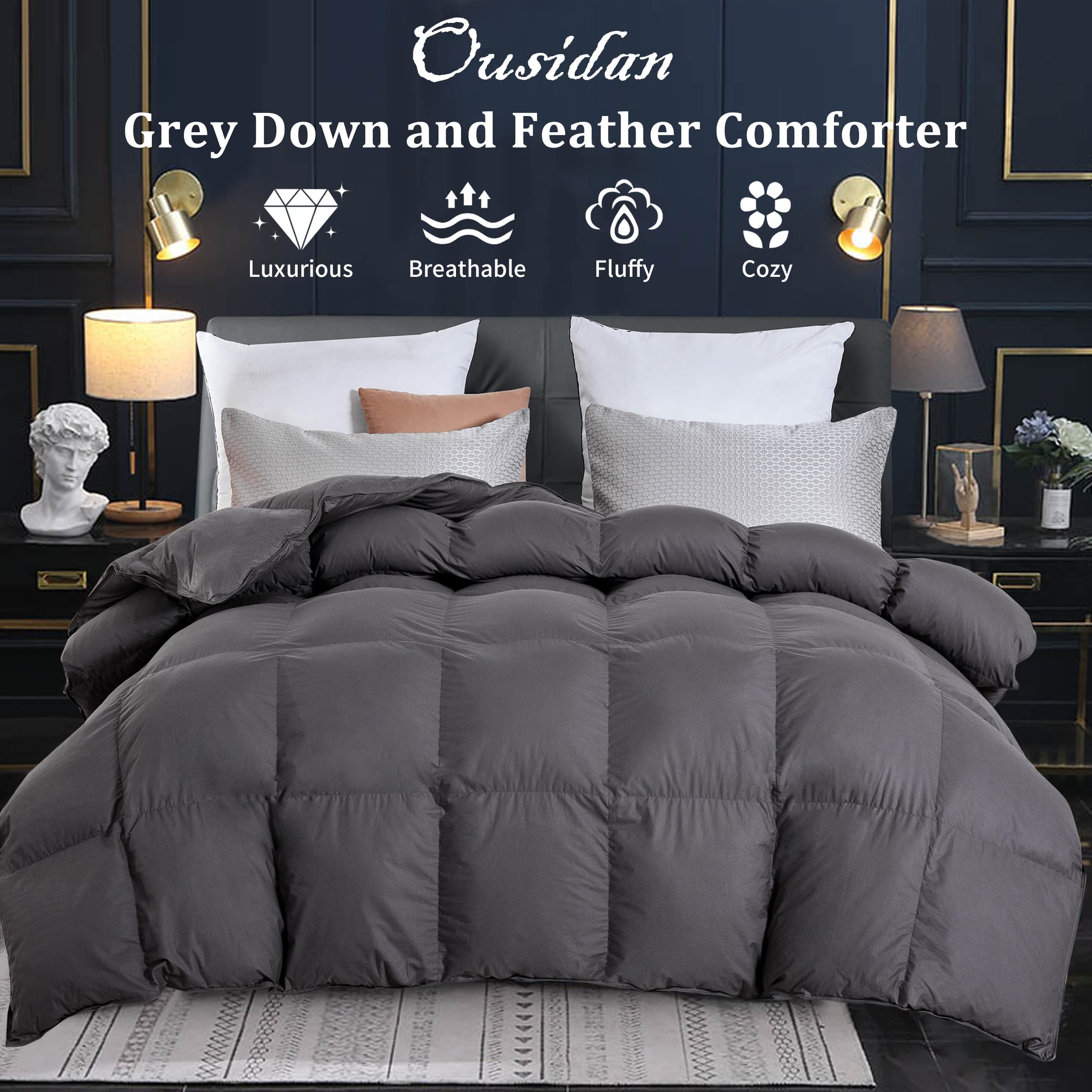 Ousidan Goose Down and Feather Fiber Bedding Comforter King Size Soft Duvet Insert with Cotton Fabric Baffle Box Stitching Comforter Grey,80x90Inches … …