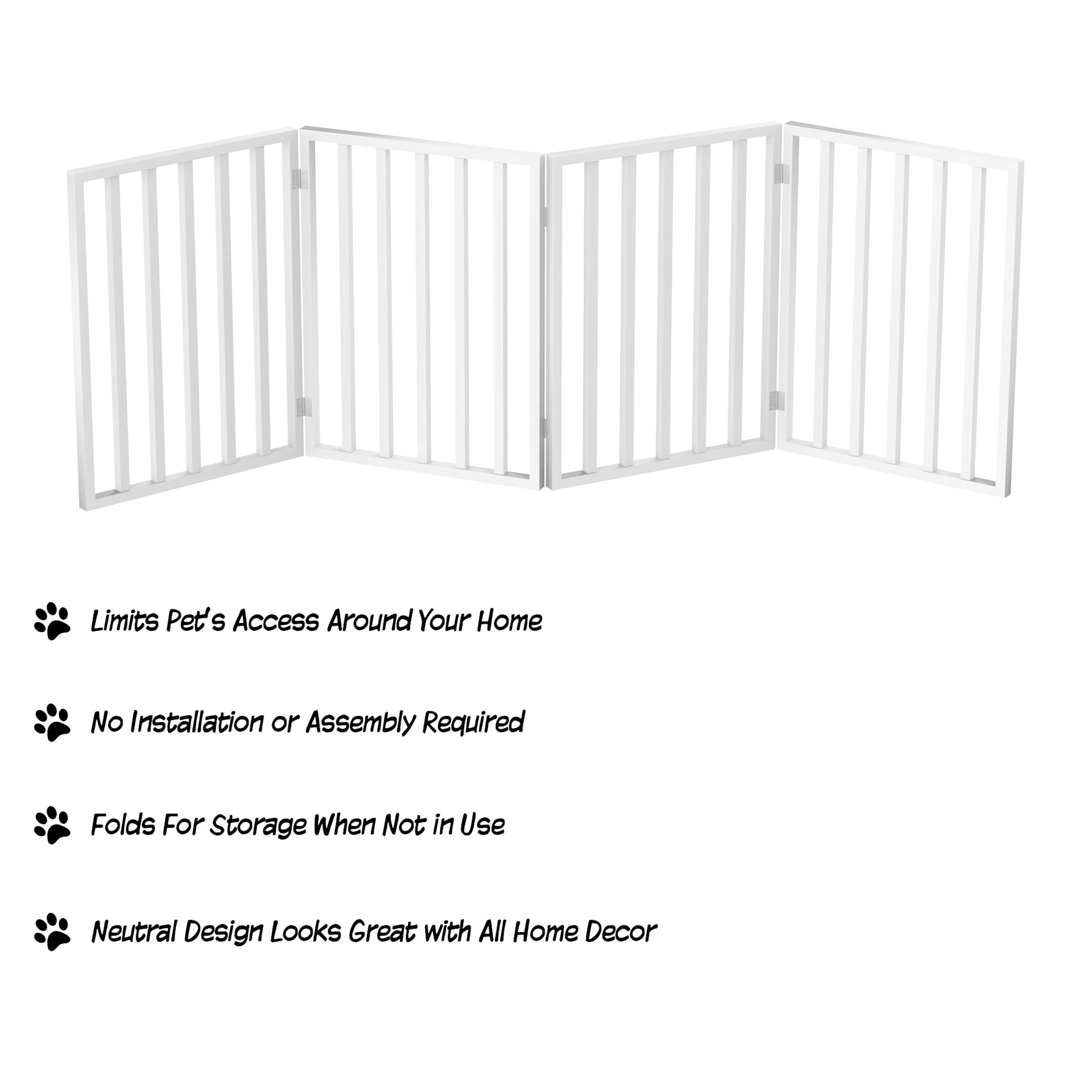 Pet Gate - 4-Panel Indoor Foldable Dog Fence for Stairs, Hallways or Doorways - 72x24-Inch Retractable Wood Freestanding Dog Gates by PETMAKER (White)