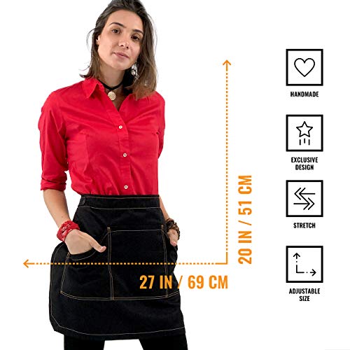 Under NY Sky Half Deep Black Apron with Durable Twill β Bistro Apron, Waist Apron adjustable for Men and Women β Professional Barista, Bartender, Mixologist, Florist, Server Aprons
