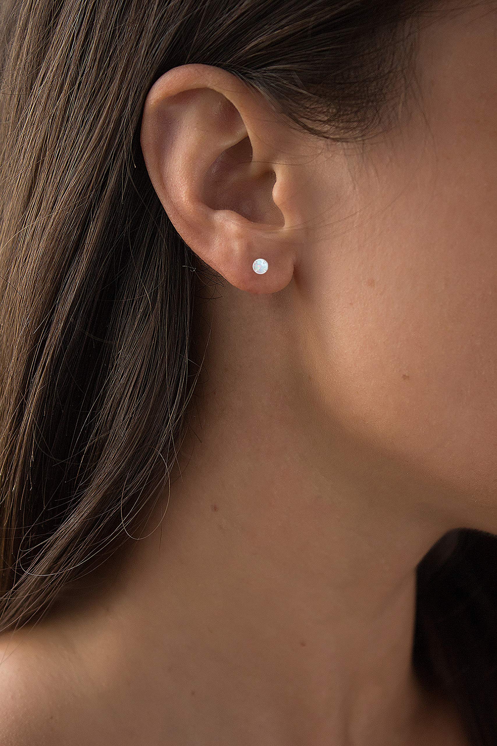 Solid 14K White Gold 4mm Created Opal October Birthstone Screwback Stud Earrings For Women | 5mm Basket Earrings | 1mm Created White Sapphire Screwback Earrings For Women