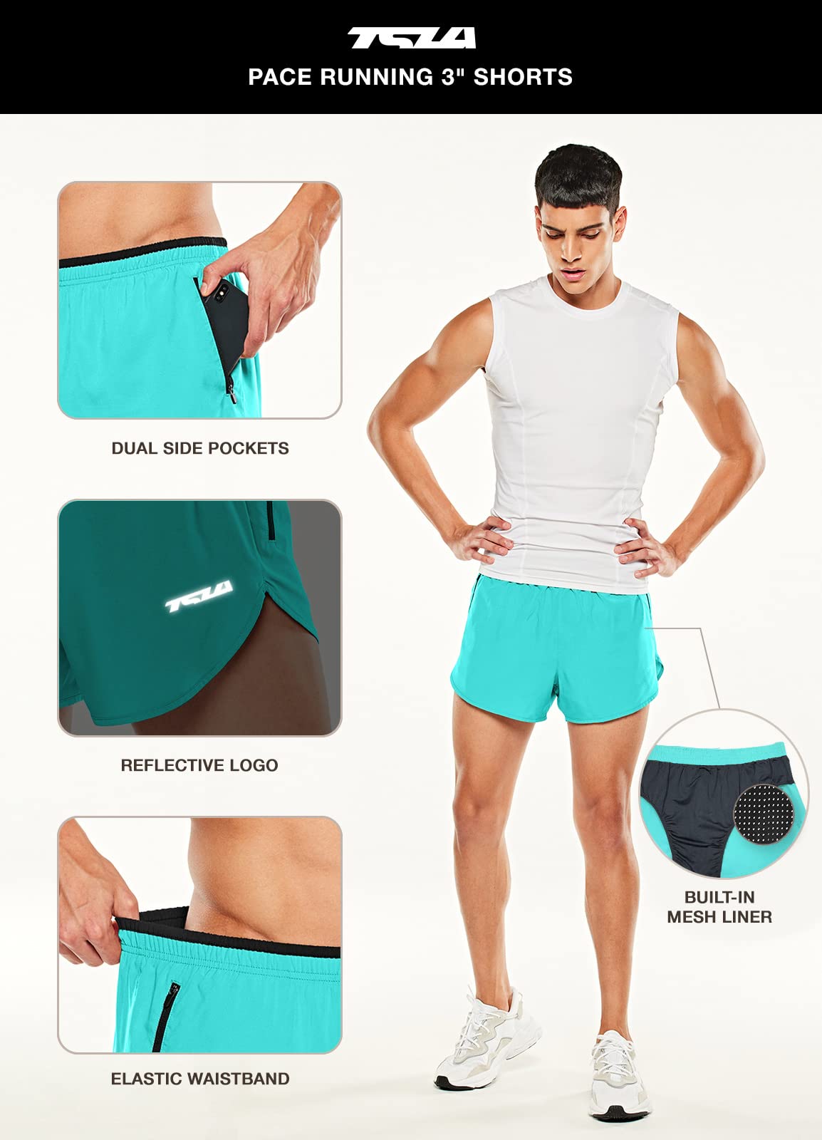 TSLA Men's Active Running Shorts, 3 Inch Quick Dry Mesh Jogging Workout Shorts, Gym Athletic Marathon Shorts, Zipper Pocket Black, Medium