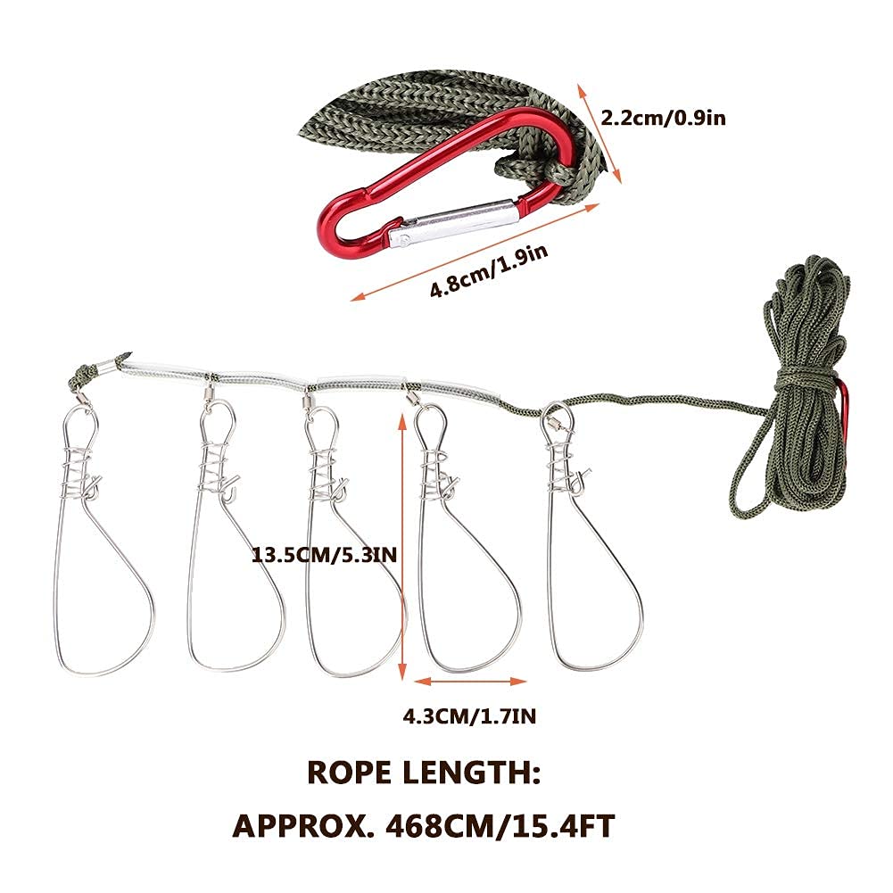Stainless Steel Heavy Duty Fishing Catch Stringer with 5 Lock Snaps Ropes Float, Ideal for Fishing Lovers