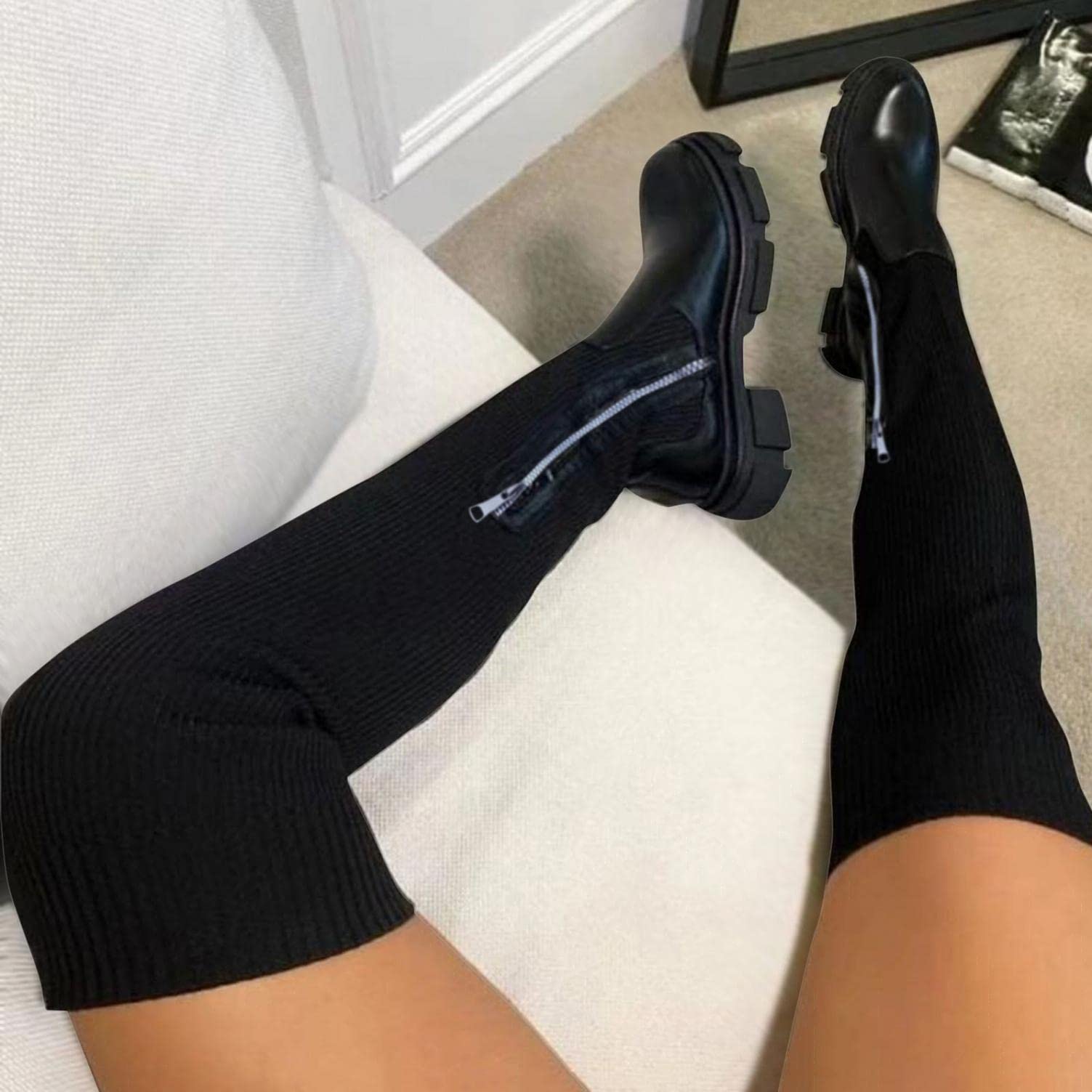 Xudanell Boots for Women Knee High Boots Lug Sole Long Sock Booties Chunky Heels Over The Knee Thigh High Booties for Women Black, 7.5