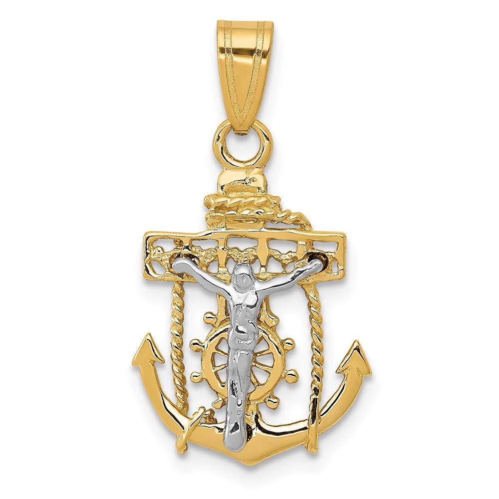 Solid 14k Yellow and White Gold Two Tone Anchor Mariners Cross Pendant Jesus Crucifix Charm SMALL - 1" - 25mm x 15mm