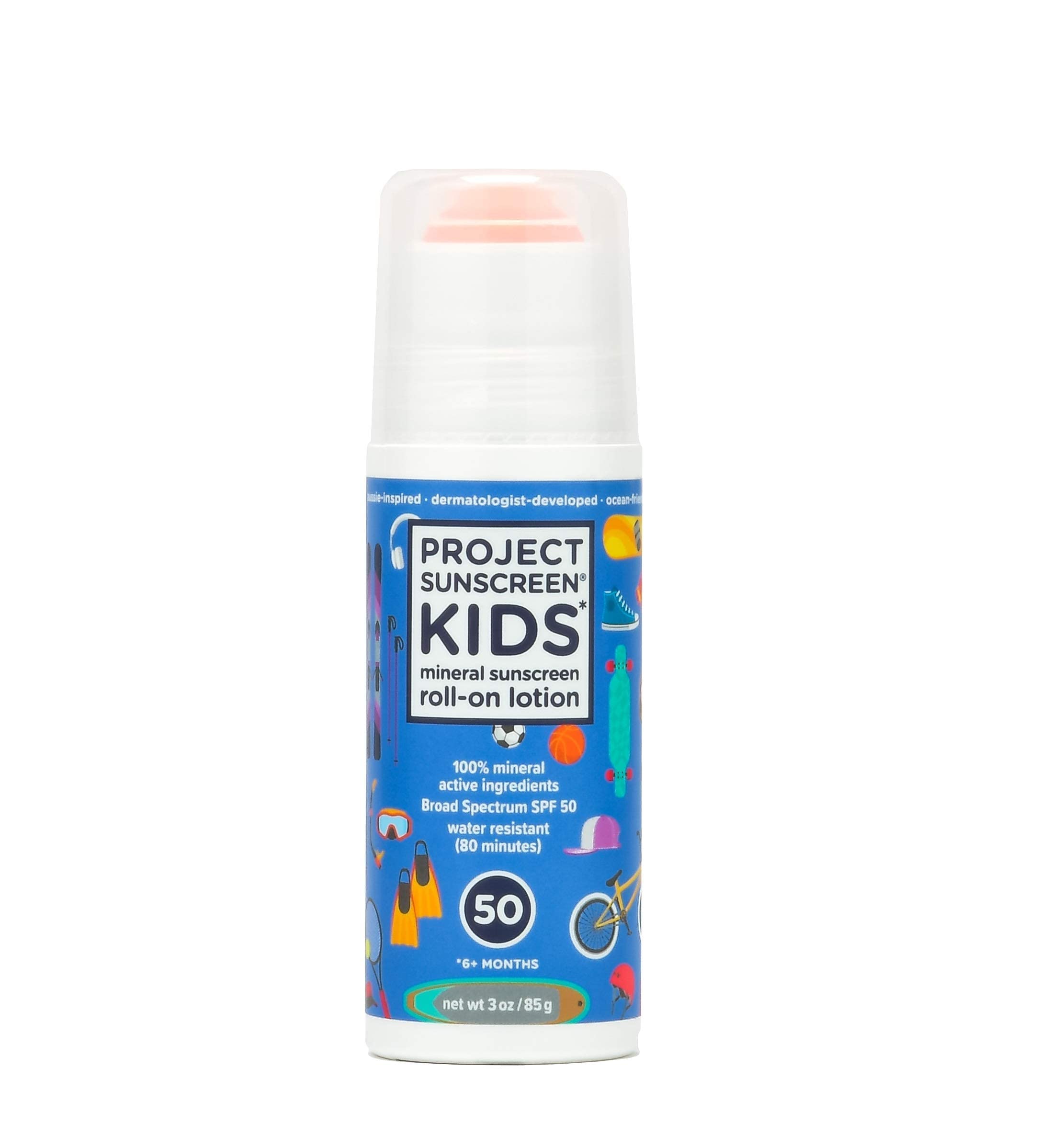 Project Sunscreen Roll-On SPF 50 Sun Protection for Kids - Natural Mineral Based and Water Resistant Formula For Sensitive Skin - 3 Ounce, All Fun & Games - Blue