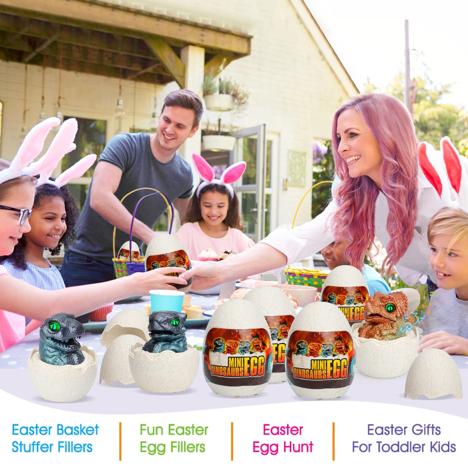zinat Dinosaur Easter Eggs, 4 Eggs with Dinosaurs Inside, Basket Stuffers, Sound and Light Function - Best Birthday Party Gifts Toys for Kids 3 5 6 7 Year Old
