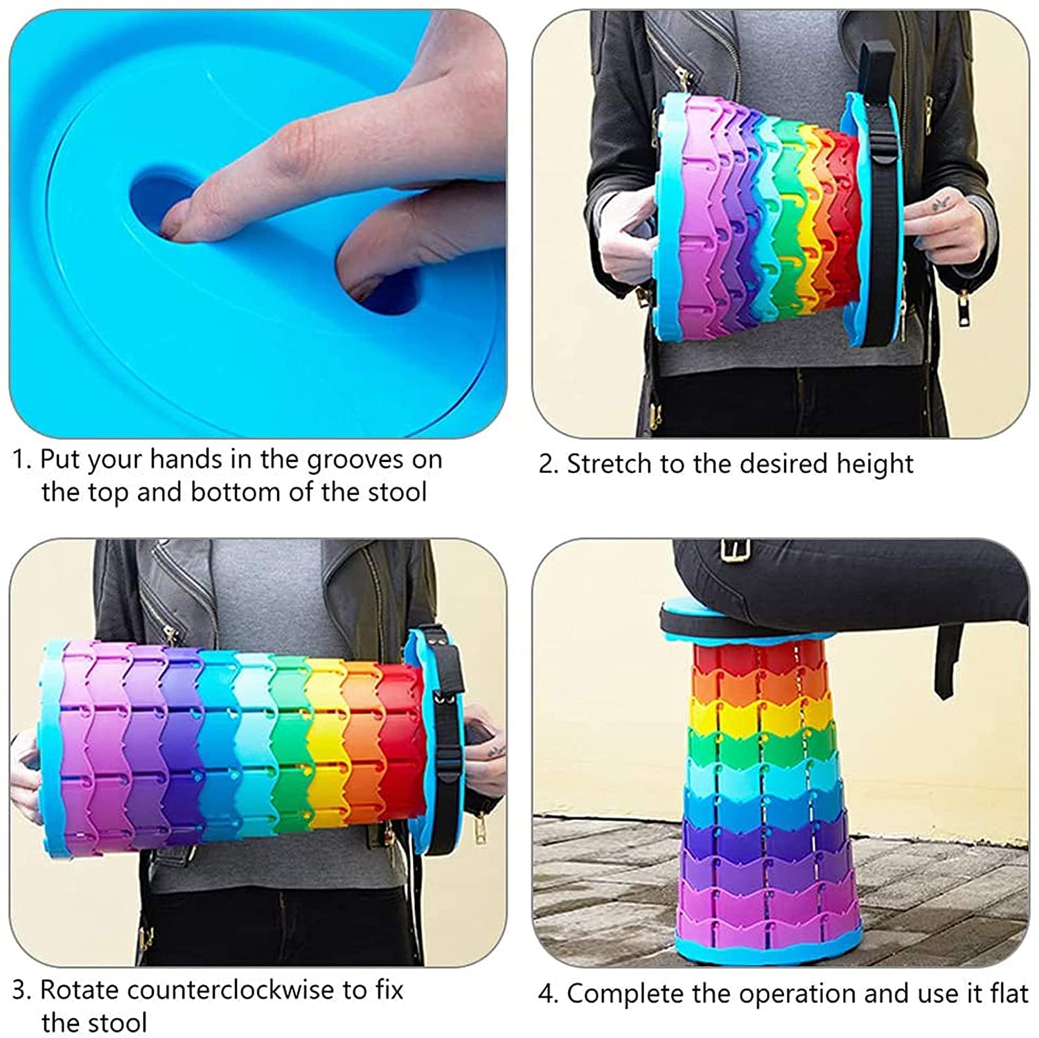 Upgraded Folding Stool Portable Chair Collapsible Lightweight Retractable Seat Foldable Stool for Camping Fishing Indoor and Outdoor - Rainbow Design, UN03B06US1