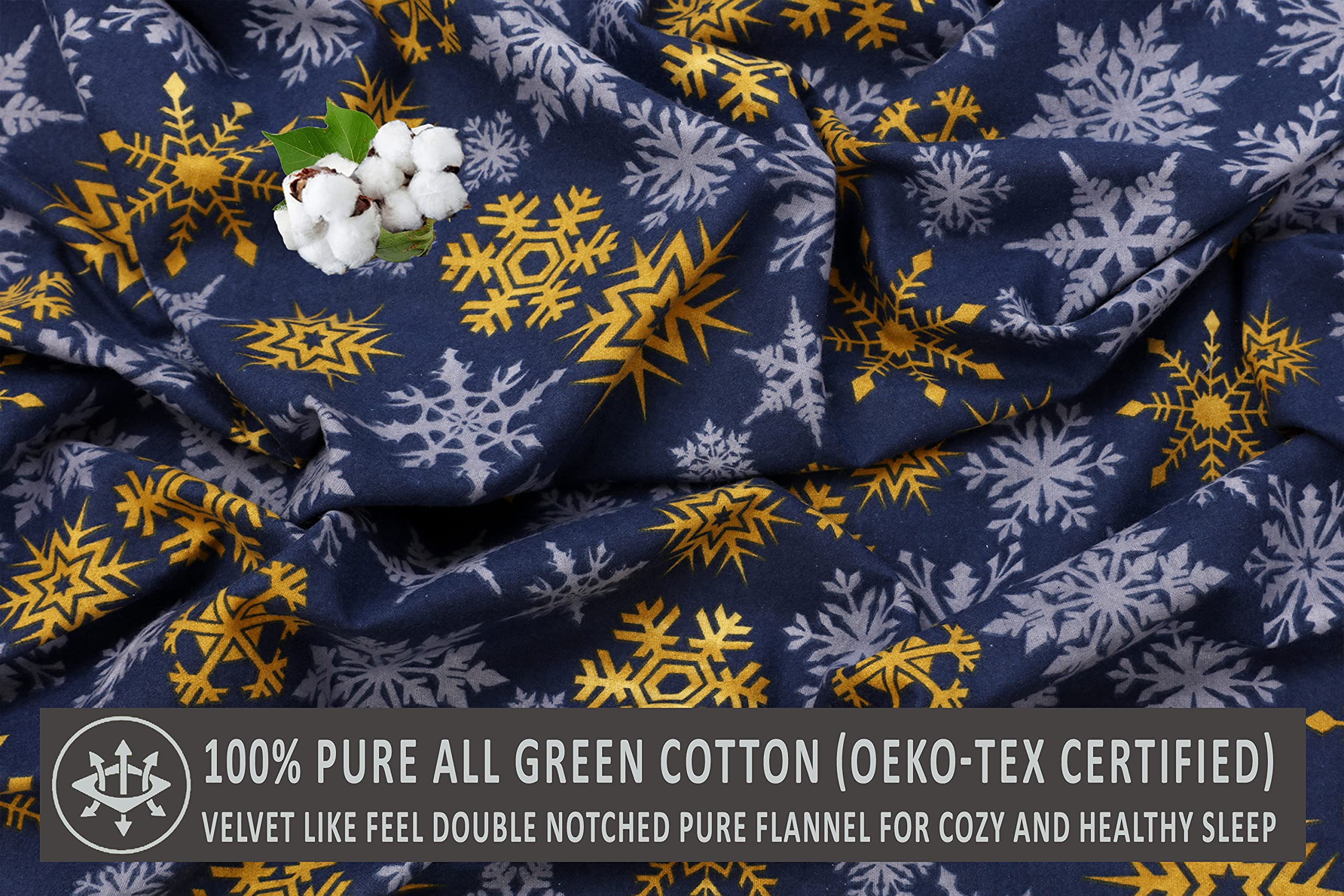 RUVANTI Flannel Sheets Full Size - 100% Cotton Brushed Flannel Bed Sheet Sets - Deep Pockets 16 Inches (fits up to 18") - All Seasons Breathable & Super Soft - Warm & Cozy - 4 Pcs - Snow Flake Gold