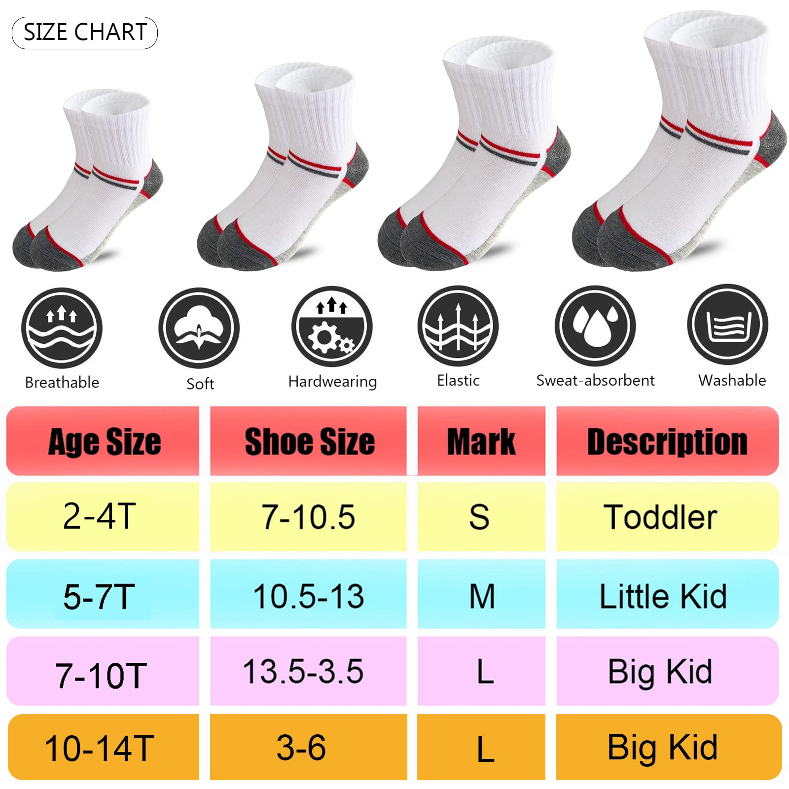 Tsmollyu Boys Socks 15 Pairs Half Cushioned Cotton Athletic Socks For Big Little Kids 2-14 Years(7-10 Years)