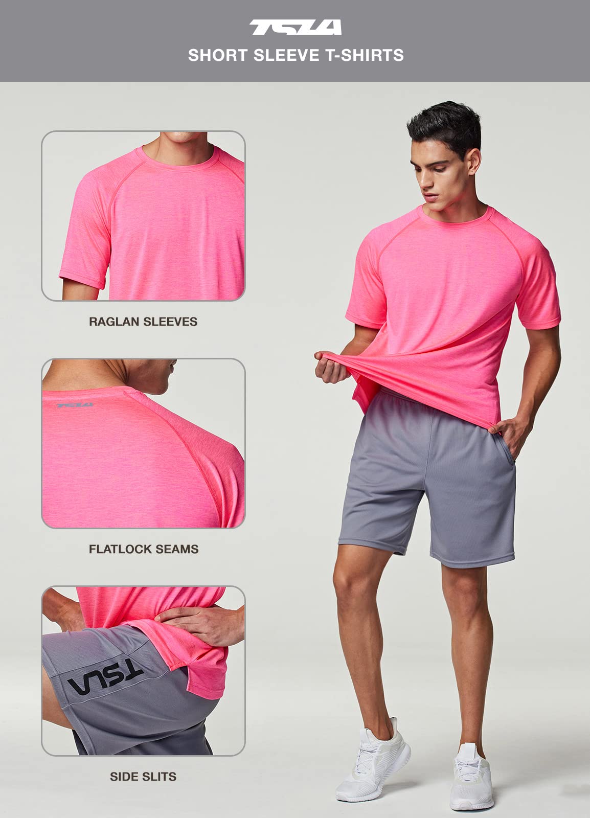 TSLA Men's Workout Running Shirts, Dry Fit Moisture Wicking T-Shirts, Sports Gym Athletic Short Sleeve Shirts, Hyper Dri Neon Pink, Small