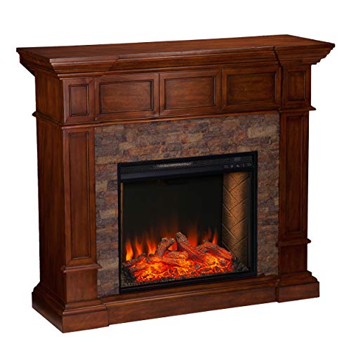SEI Furniture Merrimack Faux Stone Convertible Alexa-Enabled Electric Corner Fireplace, Buckeye Oak