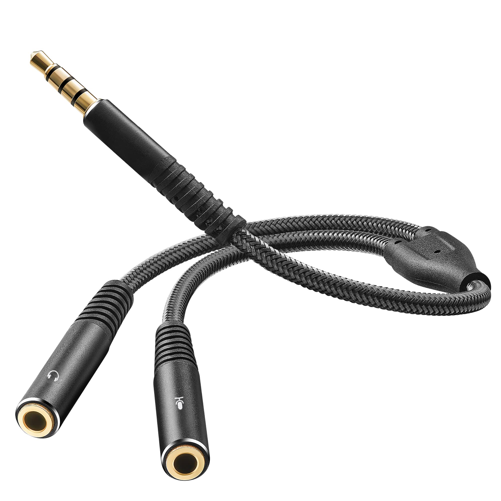 Nylon-Braided Headphone 3.5mm Splitter, 3.5mm 1 Male to 2 Female Headset Adapter, Separate Microphone and Earphone Converter for PC, Laptop, Desktop, Headphone, Gaming Headset