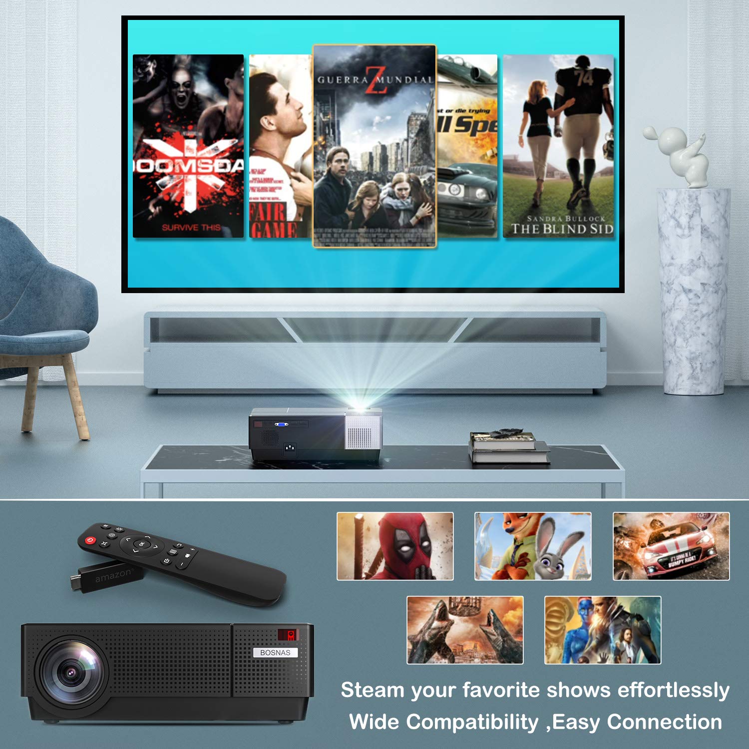 Projector, BOSNAS 8000 Lux Home Video Projectors, 1920×1080P, Support 300" Screen Playing with Hi-Fi Speakers and 4-D Keystone Correction, Compatible with TV Stick/Phone/Laptop/DVD Player/PS4