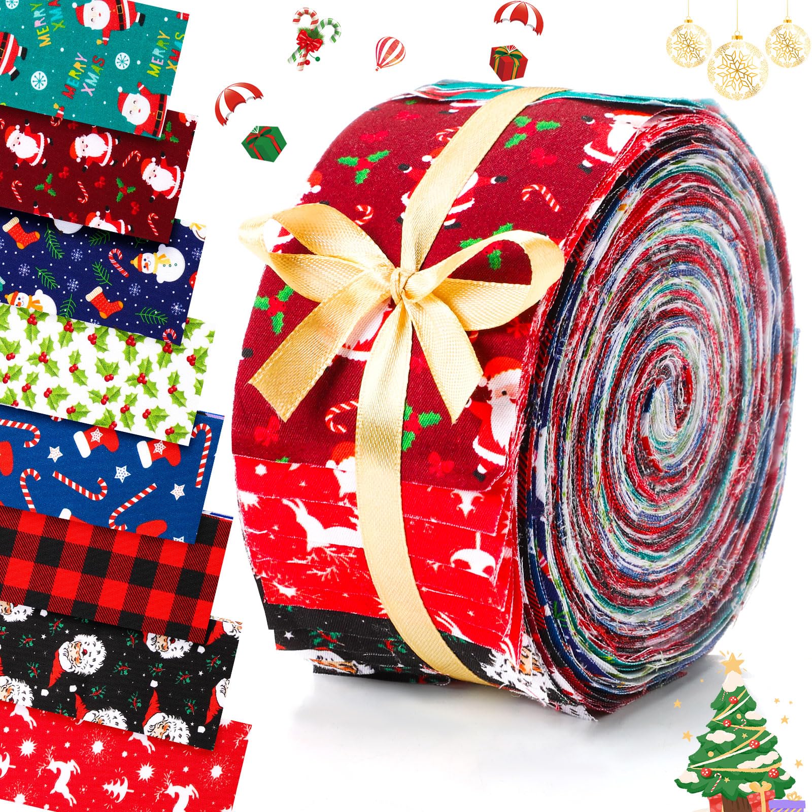 Panelee 40 Pcs Christmas Jelly Cotton Fabric Quilting Roll Pre Cut Fabric Strips Cute Stitched Fabric Strips Rolls Christmas Fabric Craft Patchwork for Handmade Material Favor, 39.37 x 2.6 Inch
