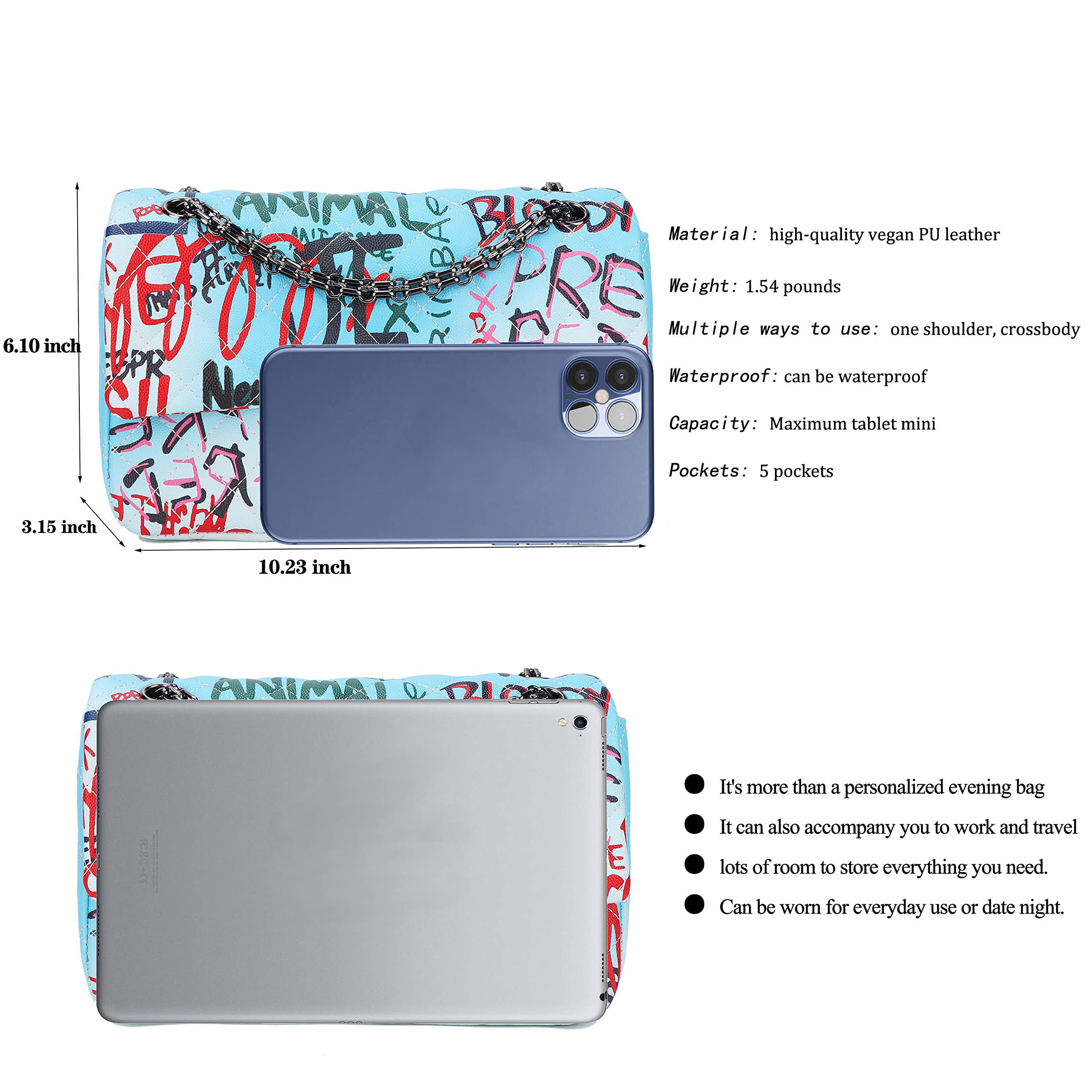 Scioltoo Shoulder Handbags for Women Small Cute Bright Rainbow Multicolor Clutch Purses Graffiti Evening Bag with Zipper and Long Strap Blue