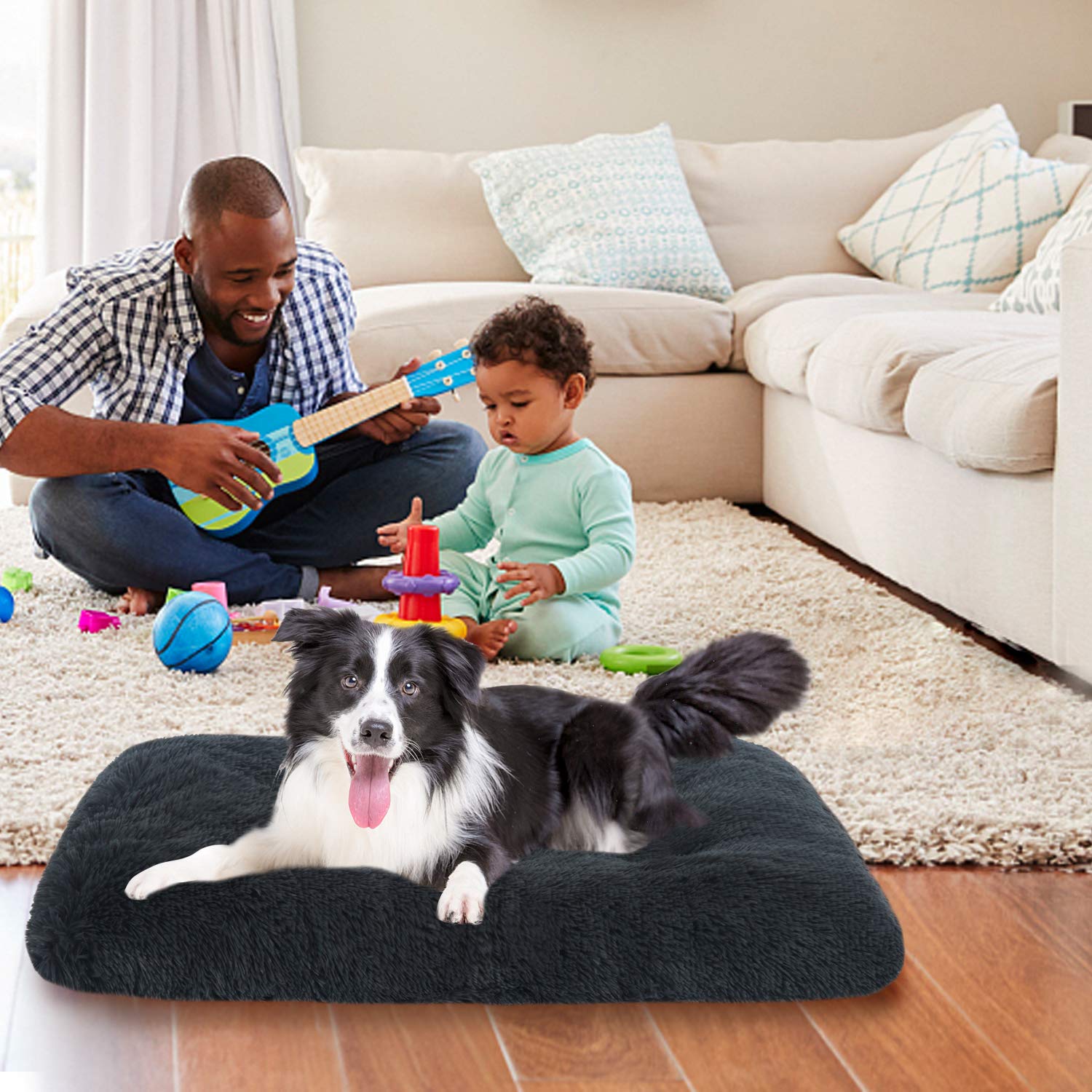 OXS Dog Bed Long Plush Pet Bed, Comfortable Faux Fur Washable Crate Mat for Jumbo Large Medium Dogs with Anti-Slip Backing