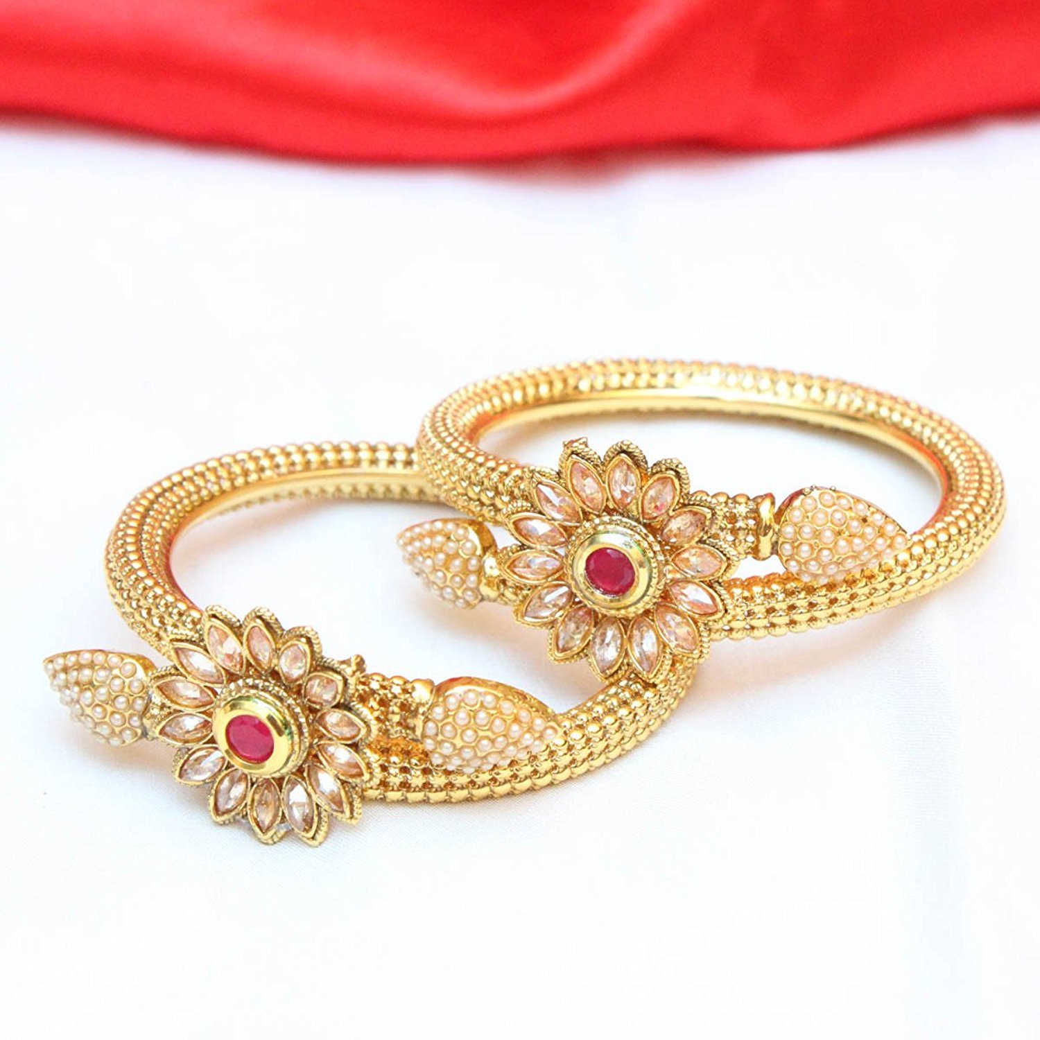 RATNA Indian Traditional gold plated Ruby Flower Design Bridal Polki bangle set women Wedding jewelry (2.6)