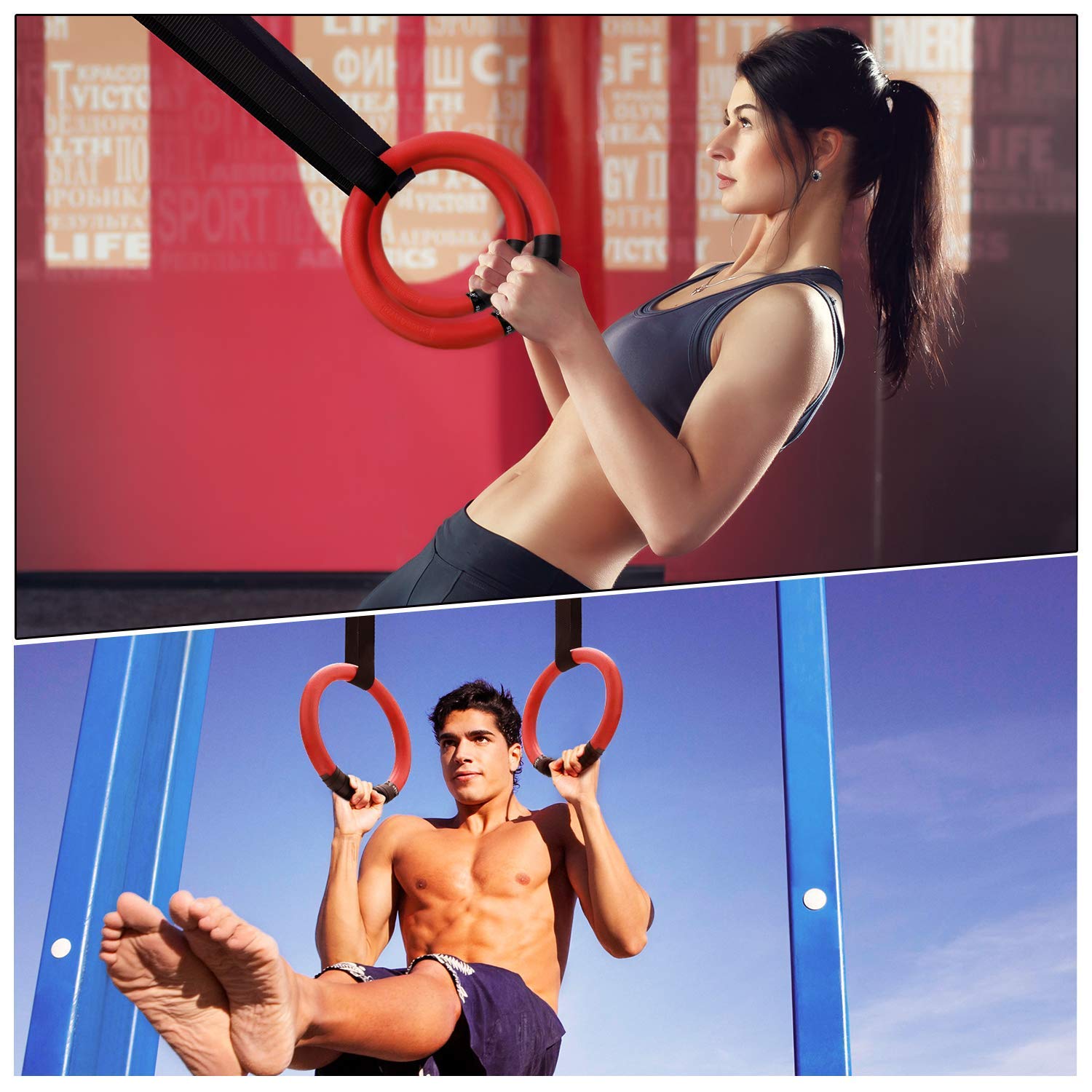 PACEARTH Gymnastic Rings 1100lbs Capacity with 14.76ft Adjustable Buckle Straps Pull Up & Gymnastics Rings Elbow Brace for Home Gym Full Body Workout