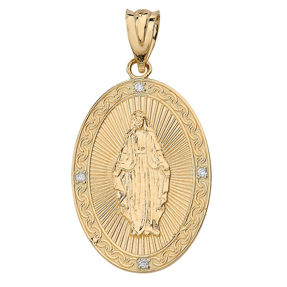 Religious Jewelry 14k Yellow Gold Blessed Virgin Mary Miraculous Oval Medal Diamond Pendant (1")