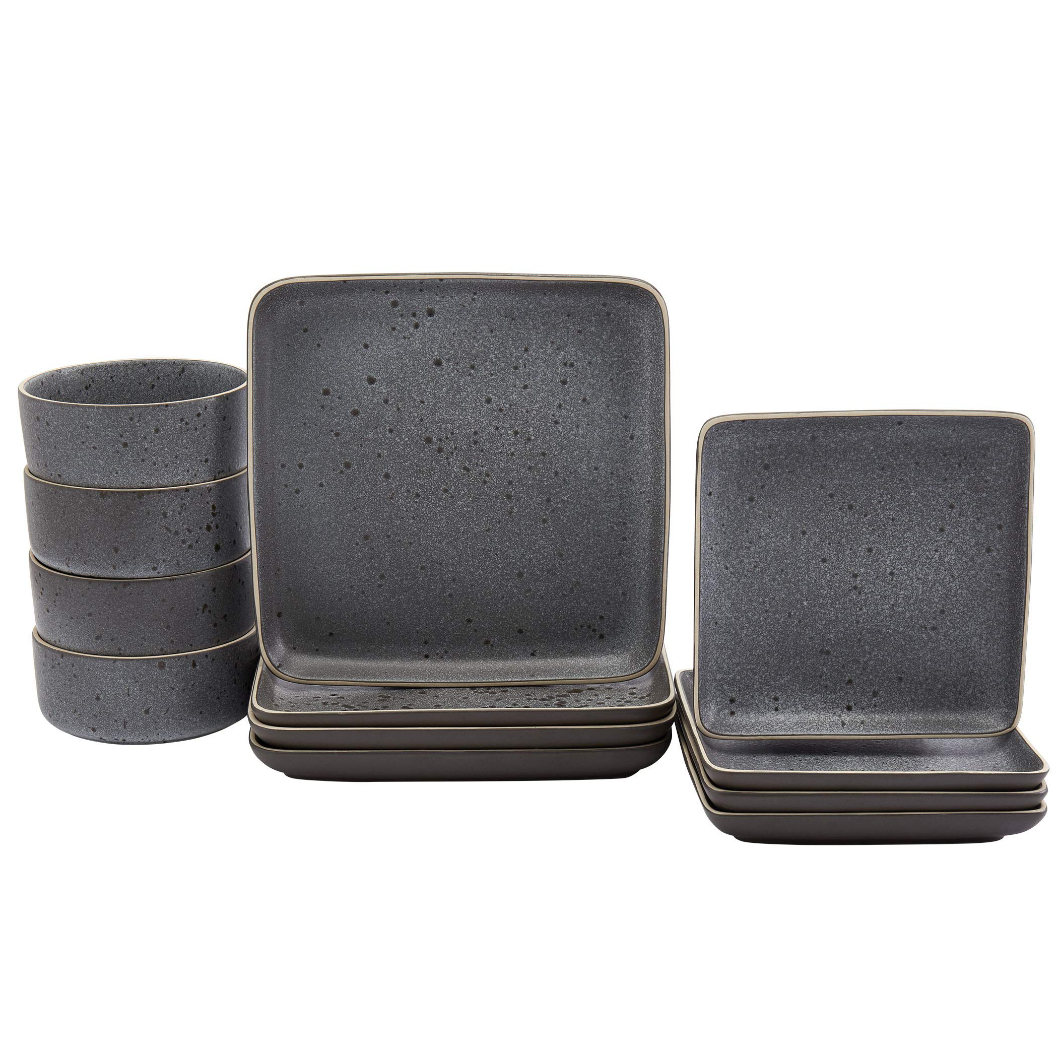 Tabletops Gallery Madison Fashion Dinnerware Collection- Square Contemporary Modern Reactive Glaze Dinner Salad Plate Bowl 4 Place Setting, 12 Piece Madison Dinnerware set in Speckled Grey