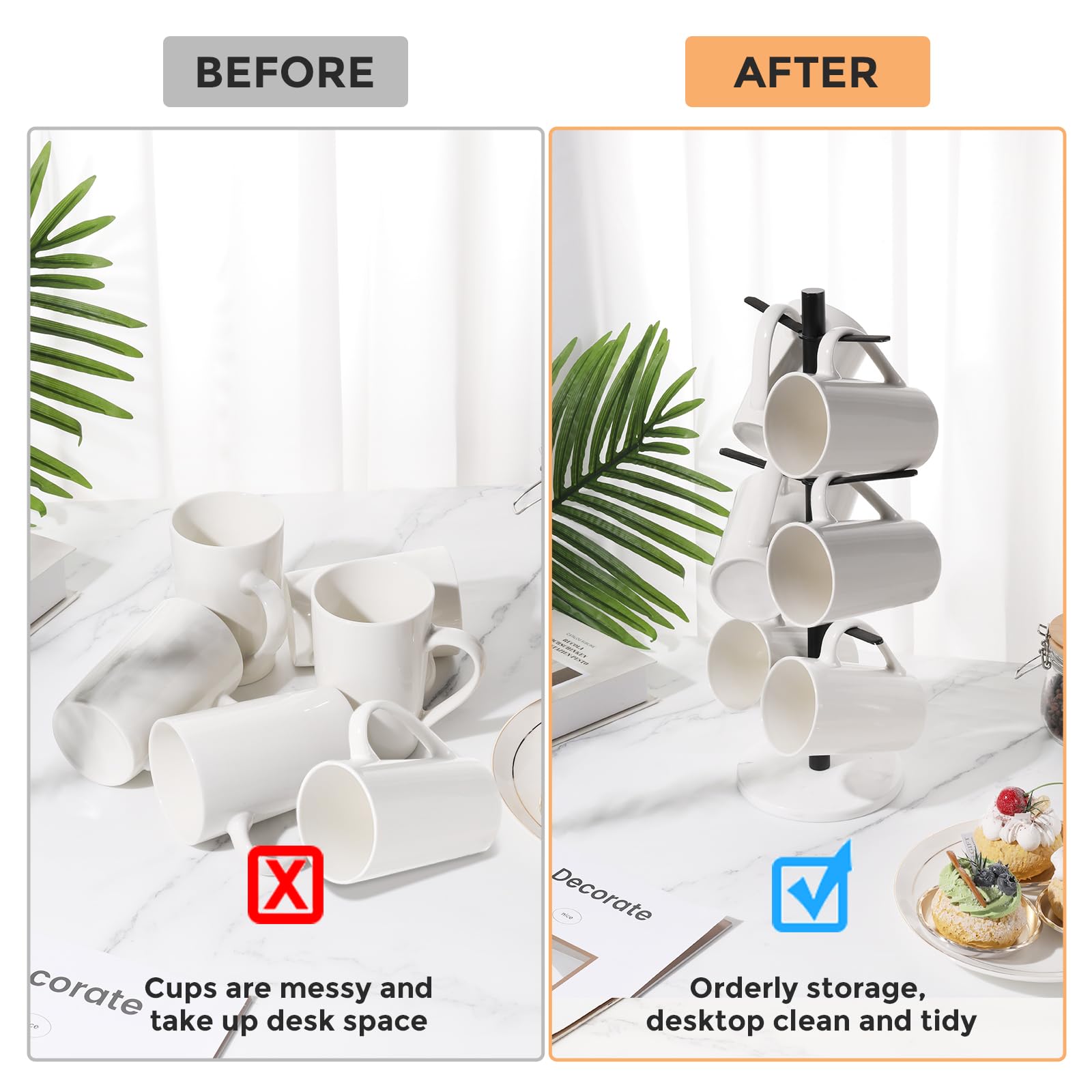 RIKBVOM Marble Mug Holder Tree, Coffee Cup Holder with 6 Hooks, Upgraded Stable Metal Coffee Mug Holder Mug Tree Stand Display Rack for Counter Kitchen Cabinet, Coffee Bar Accessories, Cafe Organizer