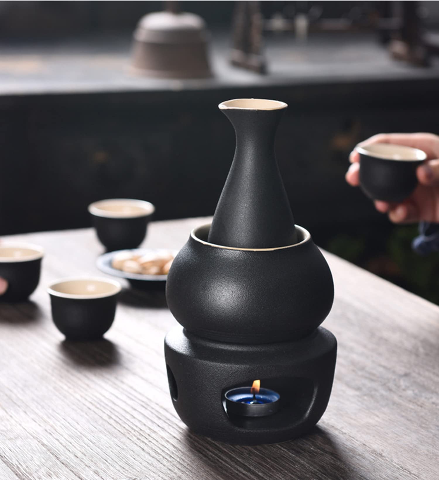 Tosnail 7 Pieces Ceramic Japanese Sake Set with Warmer, Hot Saki Set - Black