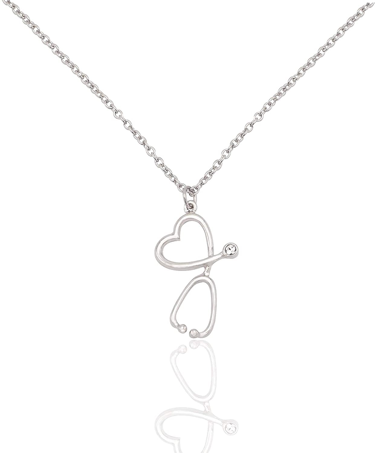 QUINNLYN & CO. Stethoscope Heart Pendant Necklace, Virtual Thanksgiving Gifts for Nurses and Caregivers, Nurse Necklaces for Women with Greeting Card Adjustable Chain 16" to 18" Silver Tone