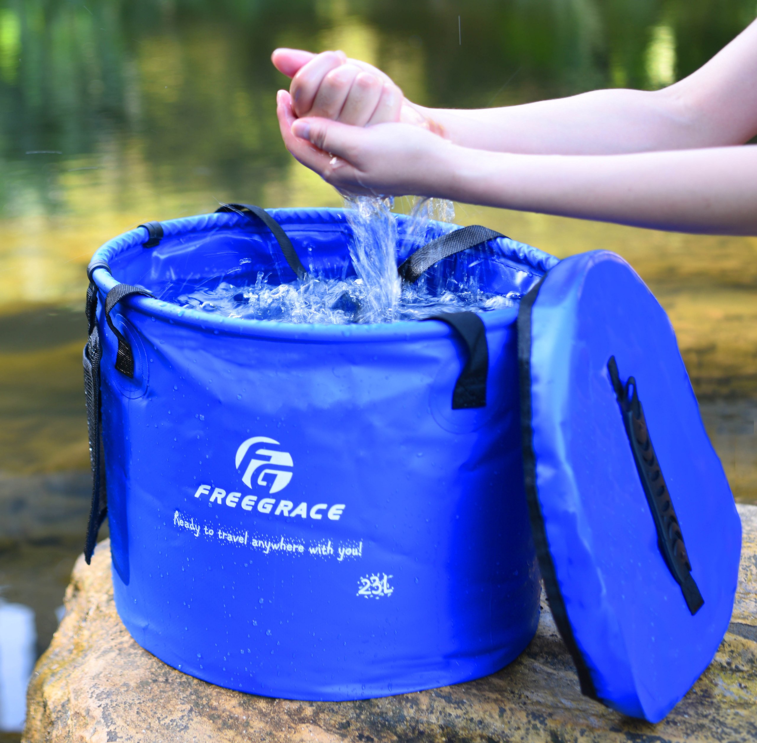 Premium Collapsible Bucket by Freegrace - Compact Portable Folding Water Container - Lightweight & Durable - Includes Handy Tool Mesh Pocket (Navy Blue(Upgraded), 23L (Lid))