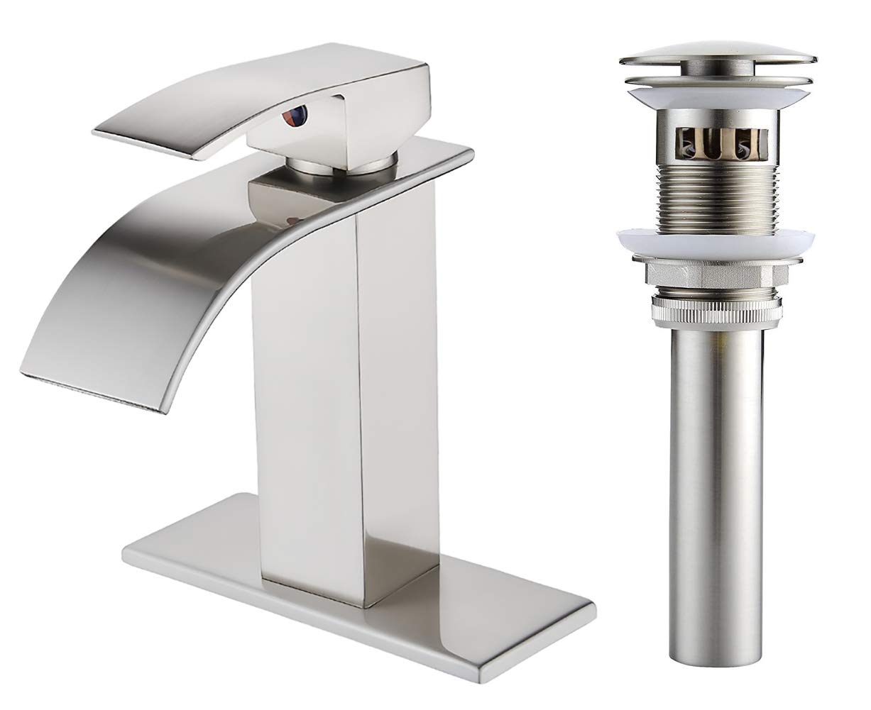 VOTON Waterfall Spout Single Handle Bathroom Faucet Brushed Nickel Commercial Modern Lavatory Tap with Pop-up Drain